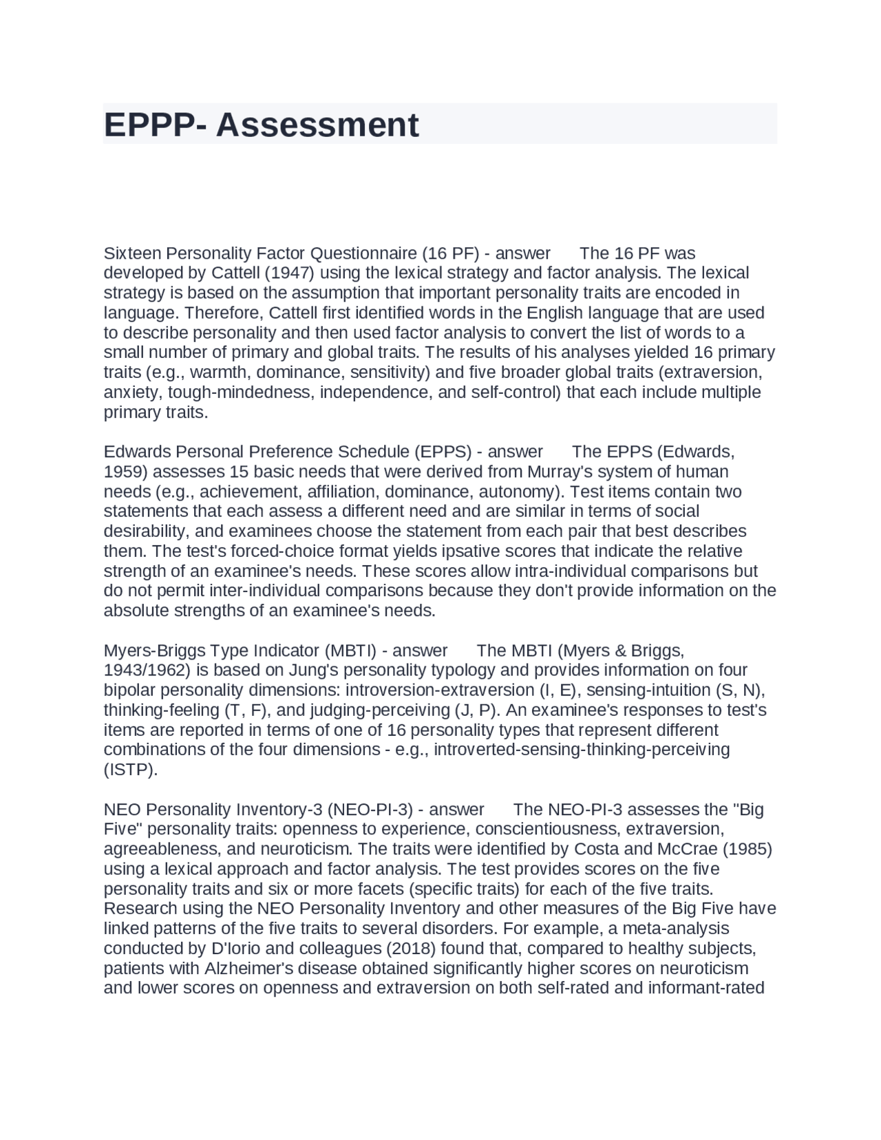 EPPP- Assessment Questions with Accurate Answers | Exams Advanced ...