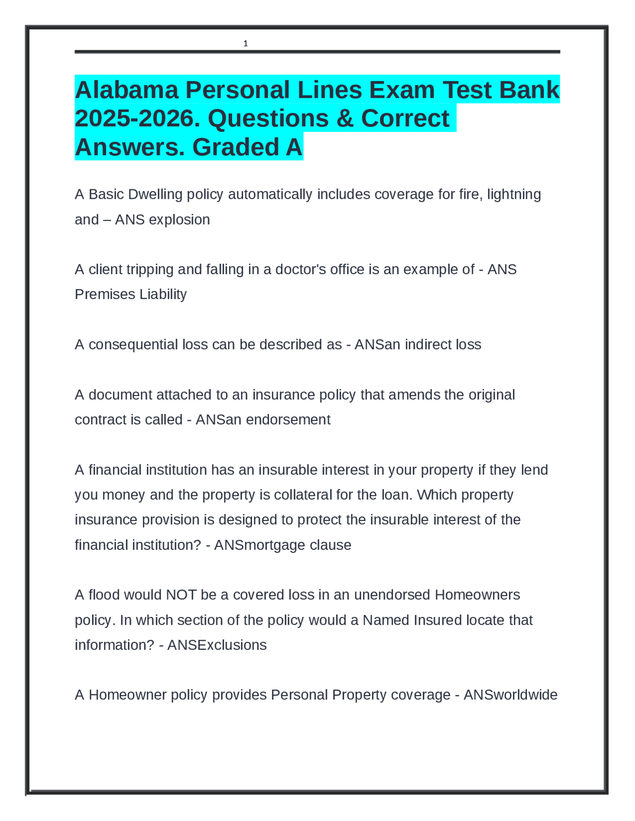 Alabama Personal Lines Exam Test Bank 2025-2026. Questions & Correct ...