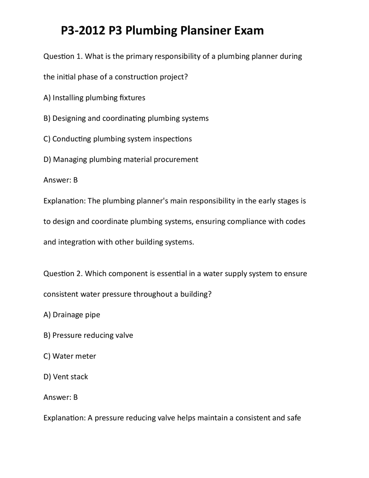 P3-2012 P3 Plumbing Plansiner Exam | Exams Technology | Docsity