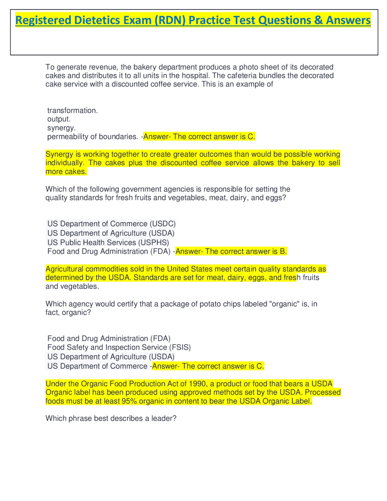 Registered Dietetics Exam (RDN) Practice Test Questions & Answers ...