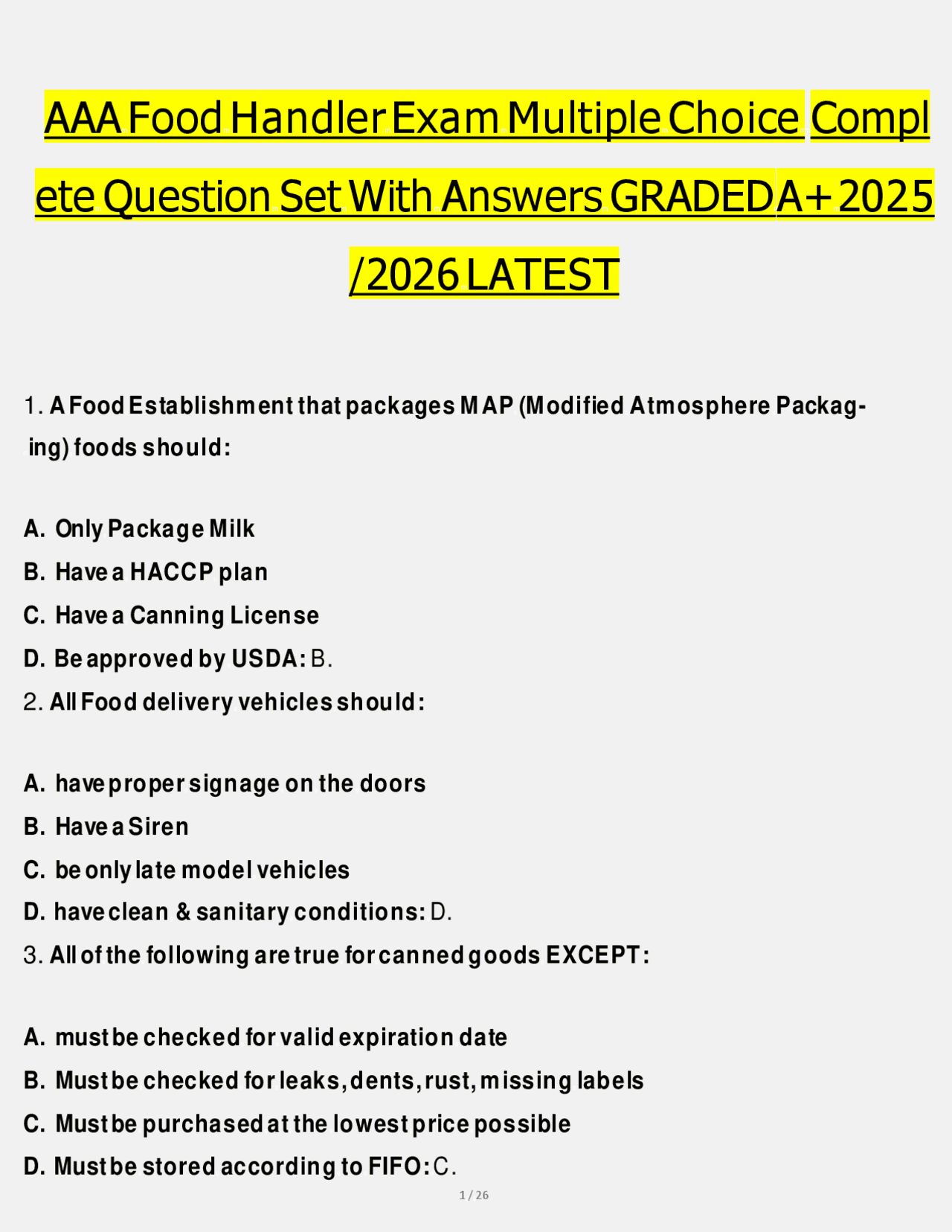 AAA FOOD HANDLER EXAM NEWEST 2024 ACTUAL EXAM COMPLETE 150 QUESTIONS ...