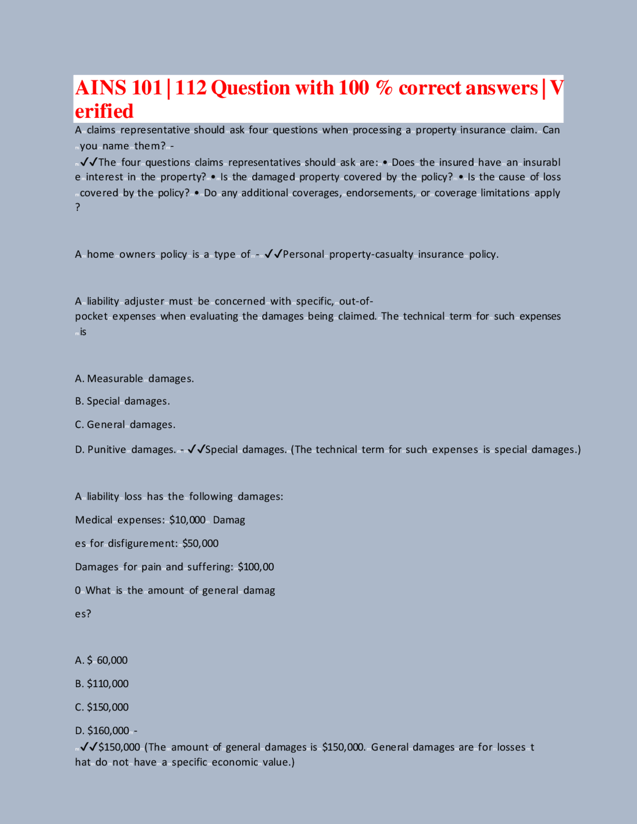 AINS 101 ACTUAL EXAM 2024 COMPLETE 250 QUESTIONS AND CORRECT DETAILED ...