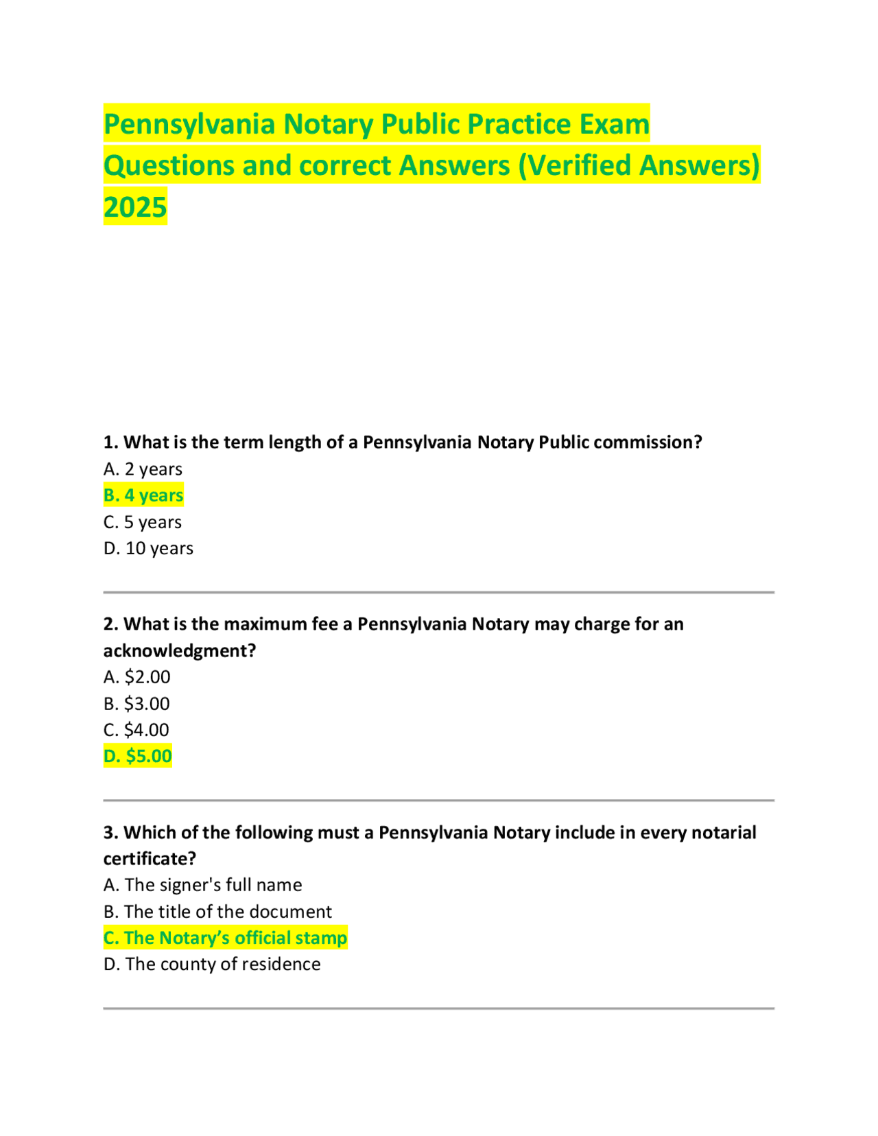 Pennsylvania Notary Public Practice Exam Questions and correct Answers ...