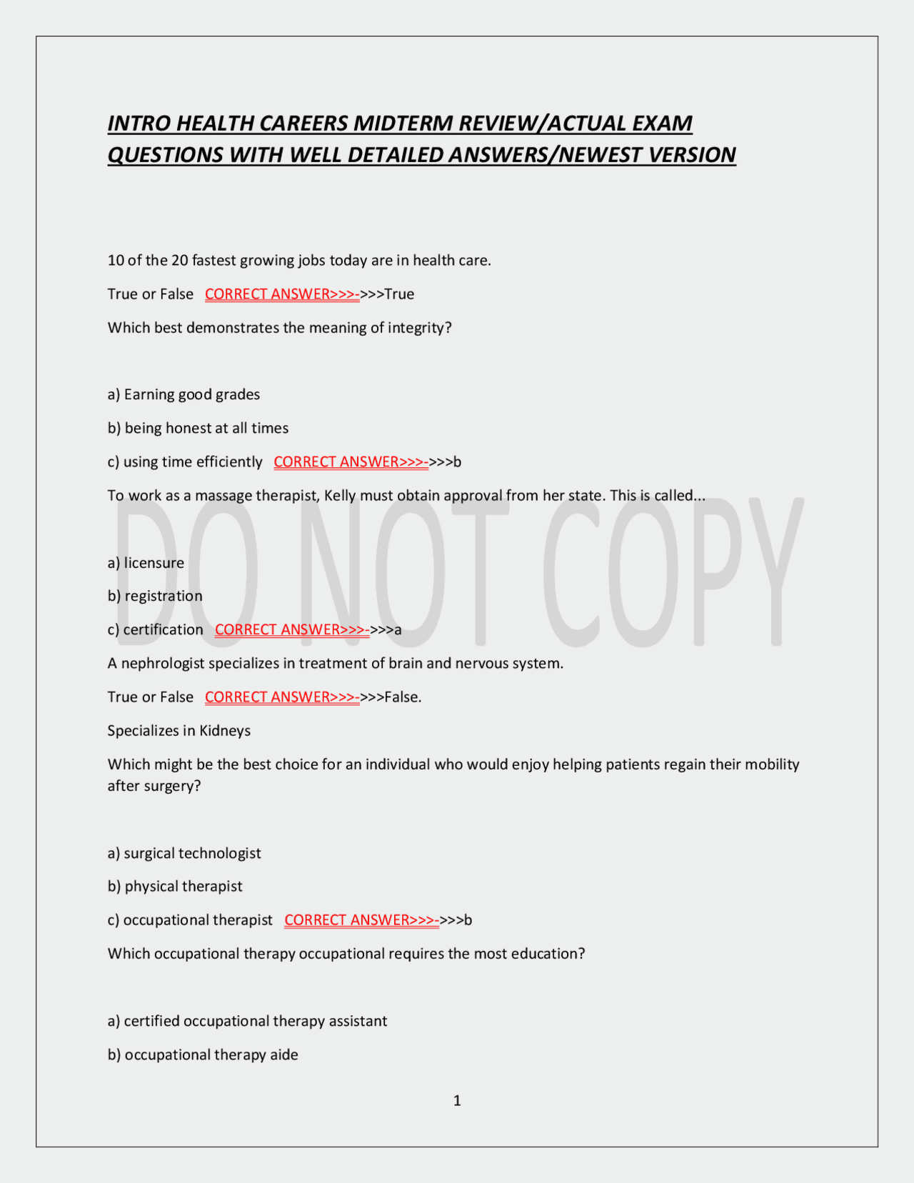 INTRO HEALTH CAREERS MIDTERM REVIEW/ACTUAL EXAM QUESTIONS WITH WELL ...