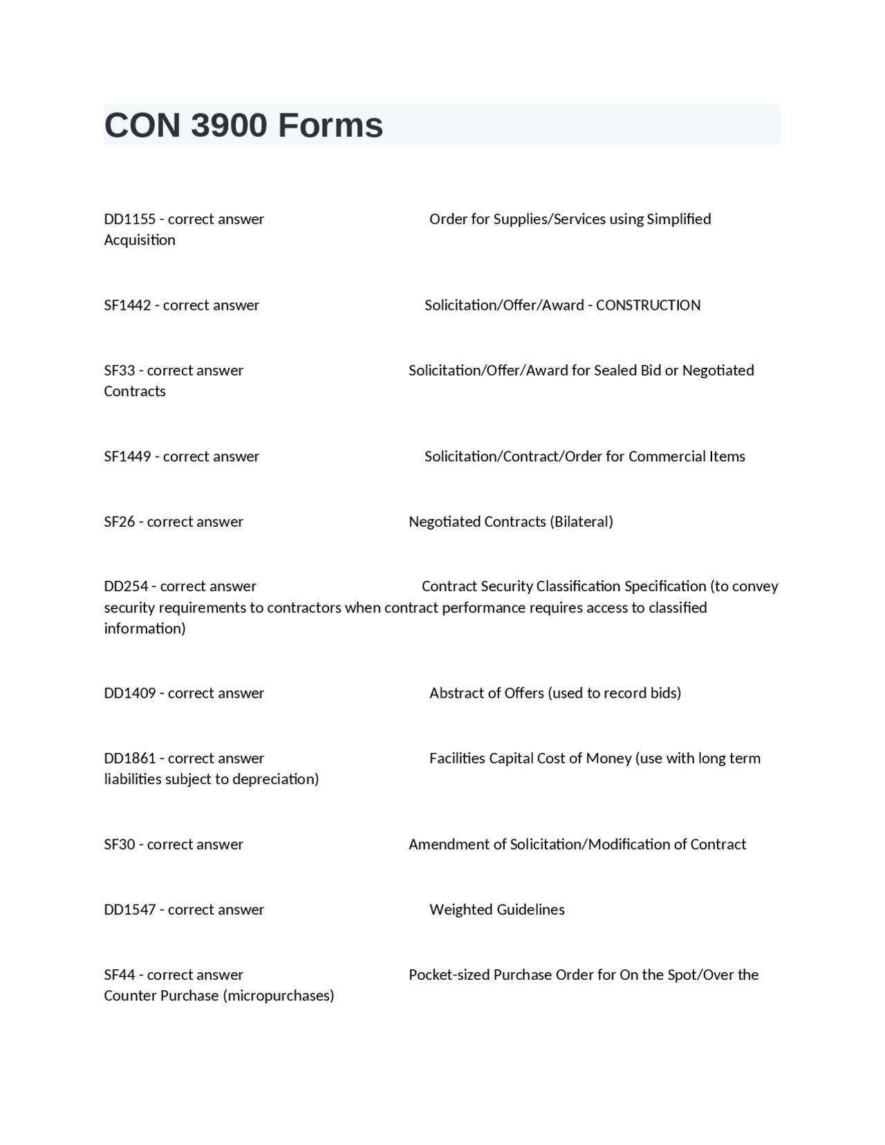 CON 3900 Forms Pre-Course Study Guide Questions And Answers. | Exams ...