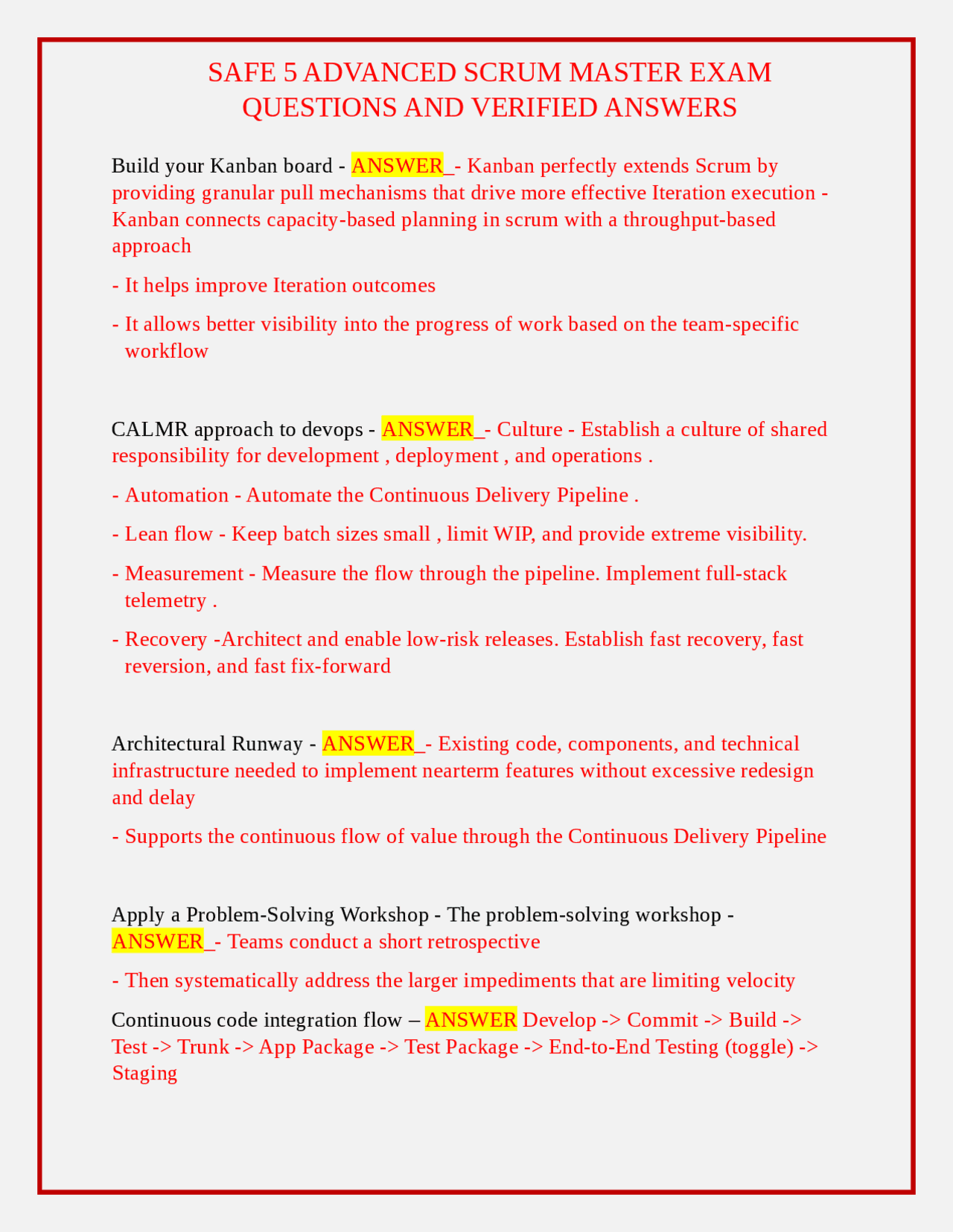 SAFE 5 ADVANCED SCRUM MASTER EXAM QUESTIONS AND VERIFIED ANSWERS | Exams Organizational ...