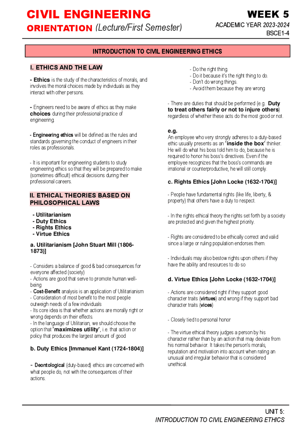 CIEN 101 Civil Engineering Ethics | Study notes Law | Docsity