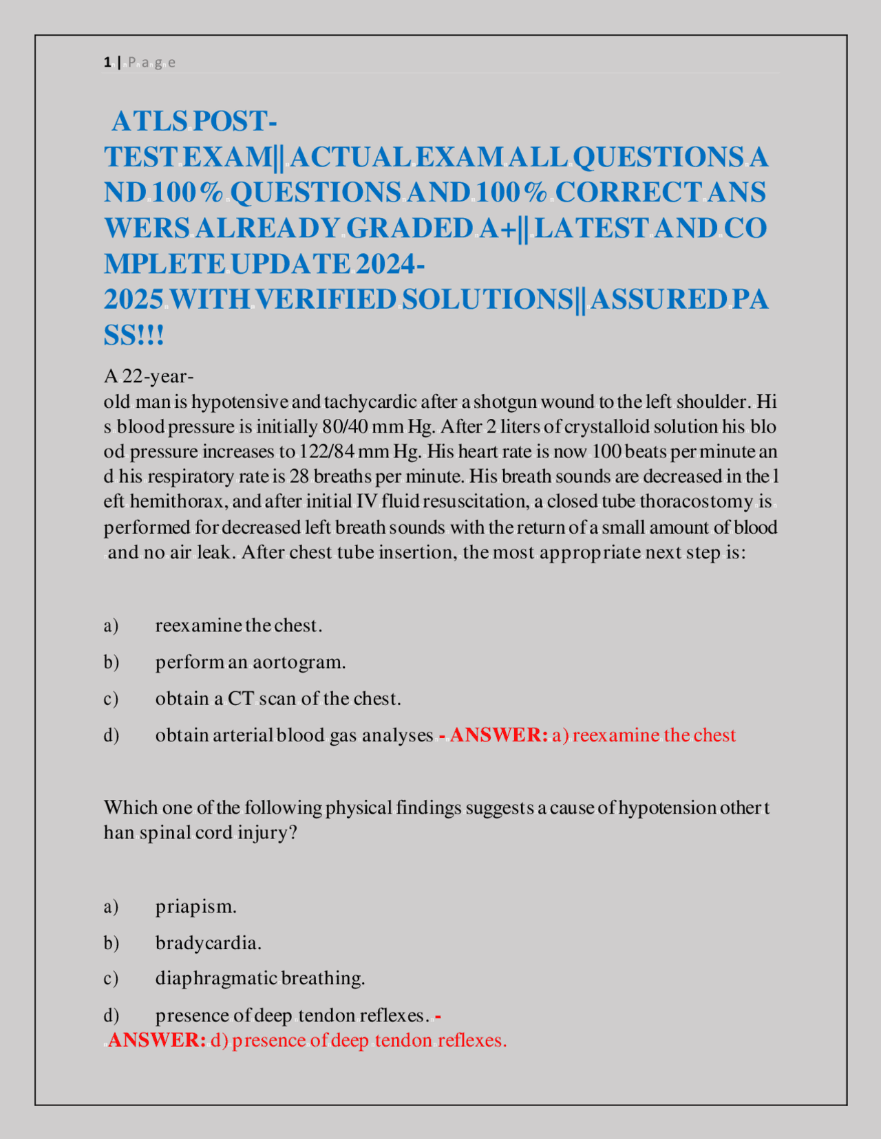 ATLS POST TEST NEWEST 2024 ACTUAL EXAM COMPLETE 250 QUESTIONS AND ...
