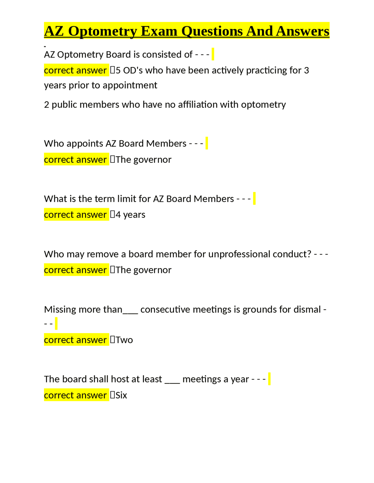 AZ Optometry Exam Questions And Answers | Exams Optics | Docsity