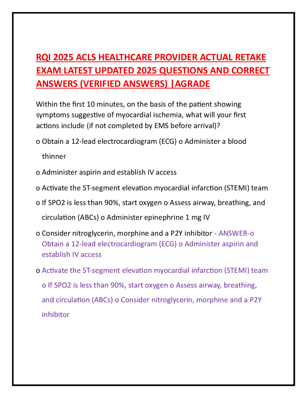 RQI 2025 ACLS HEALTHCARE PROVIDER ACTUAL RETAKE EXAM LATEST UPDATED ...