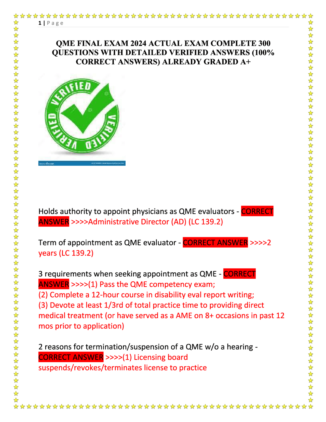 Qme final exam 2024 actual exam complete 300 questions with detailed ...