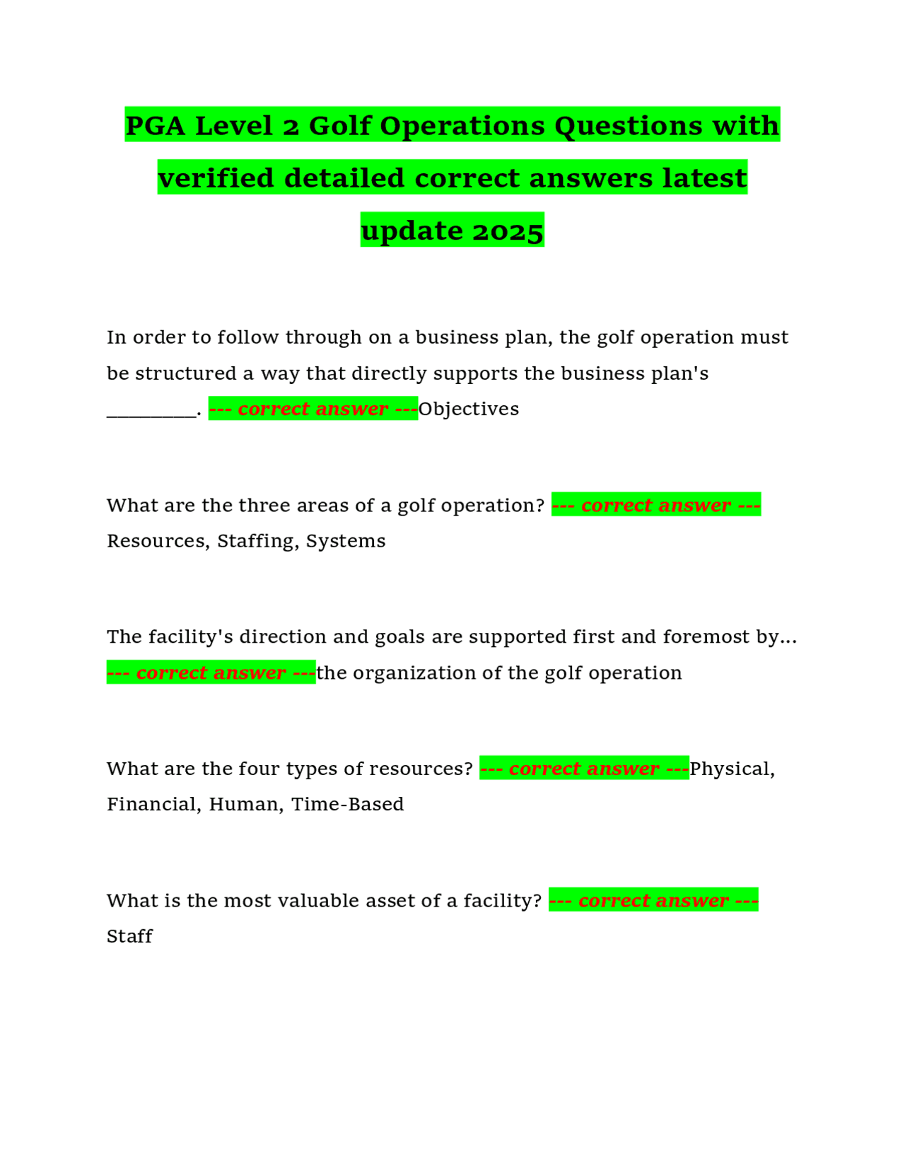 PGA Level 2 Golf Operations Questions with verified detailed correct ...