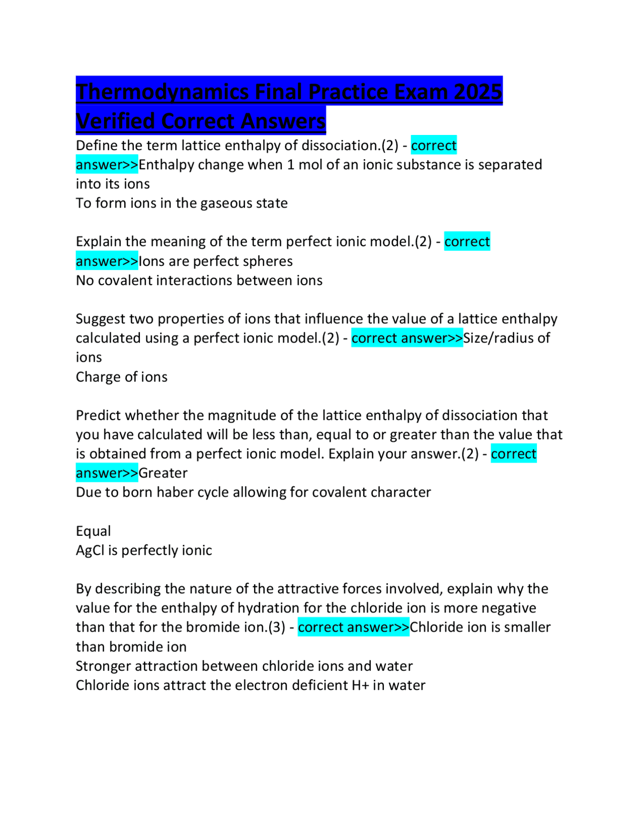 Thermodynamics Final Practice Exam 2025 Verified Correct Answers ...