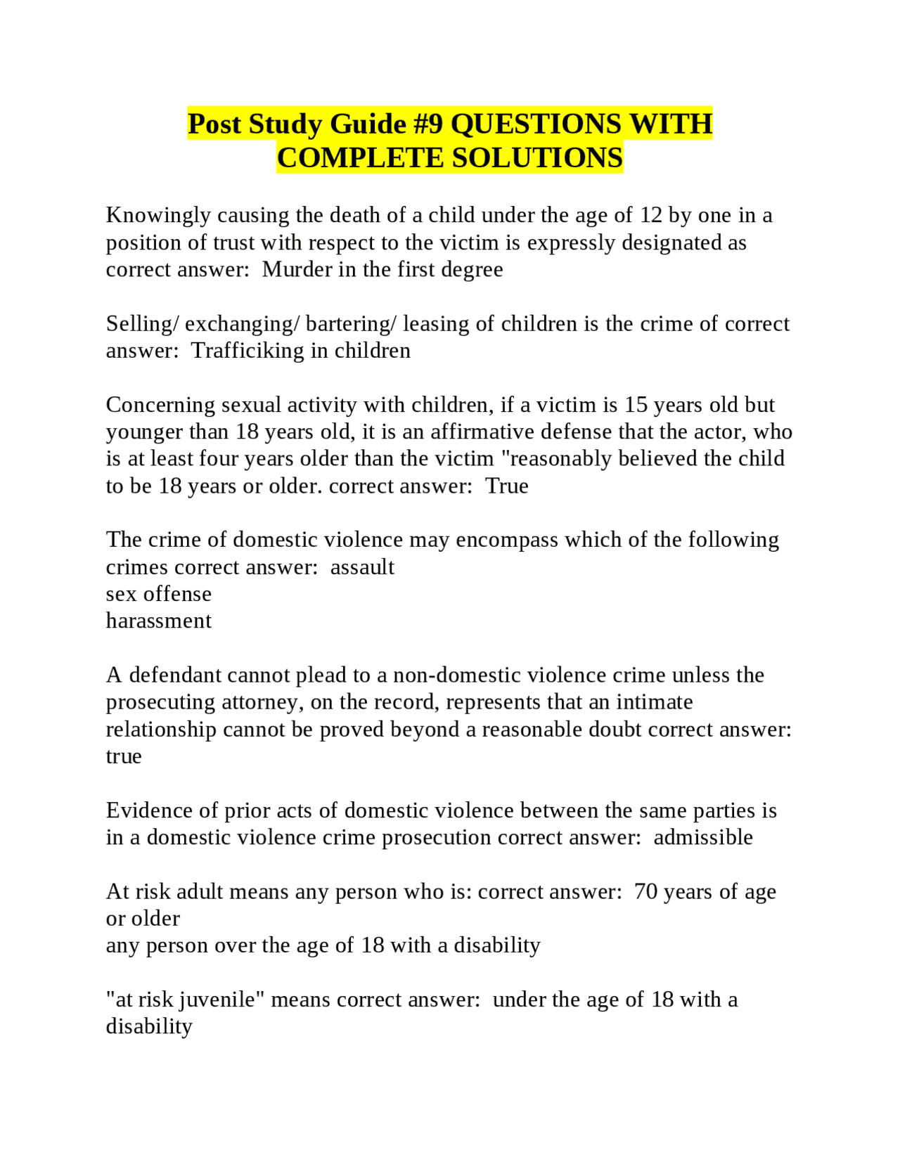 Post Study Guide #9 QUESTIONS WITH COMPLETE SOLUTIONS | Exams Nursing ...