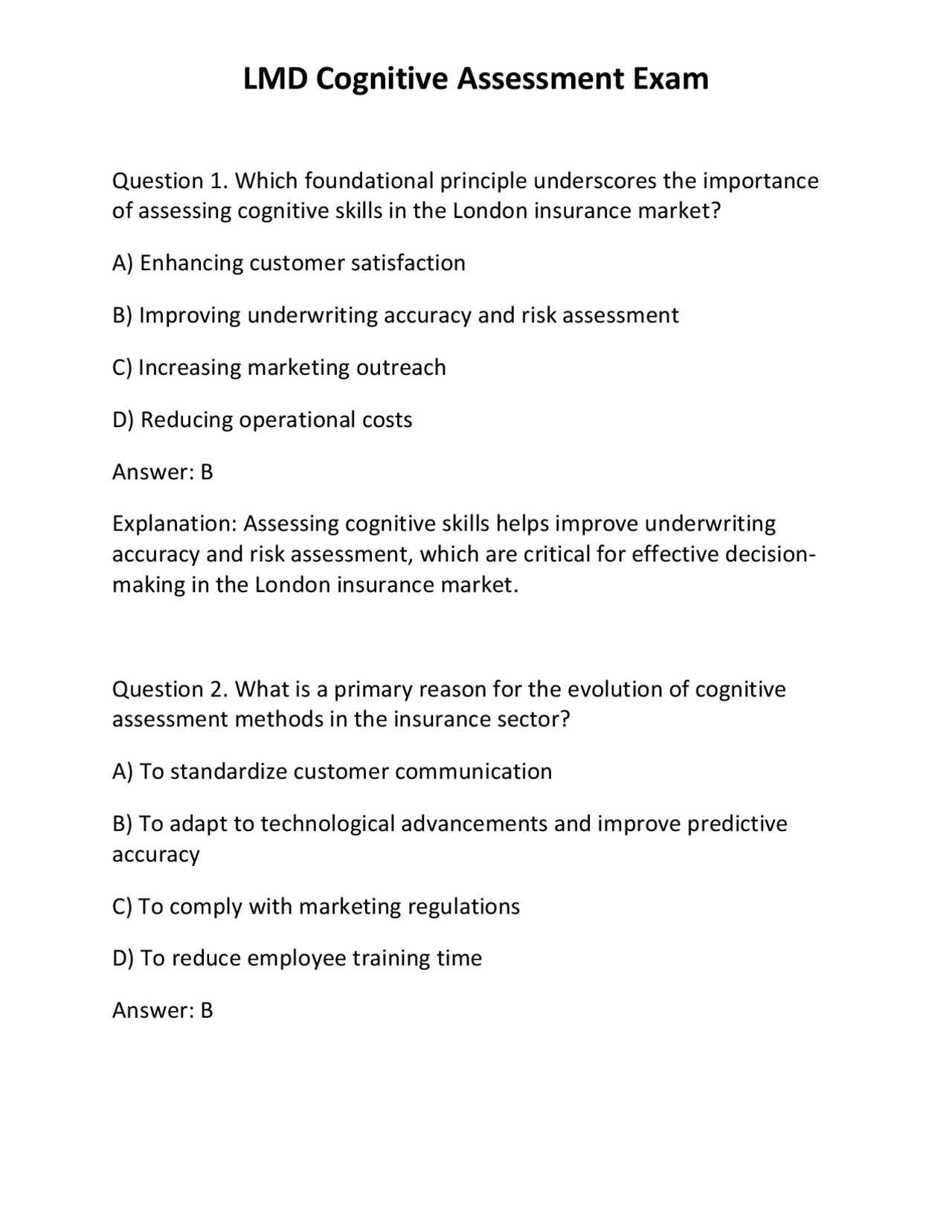 LMD Cognitive Assessment Exam | Exams Technology | Docsity