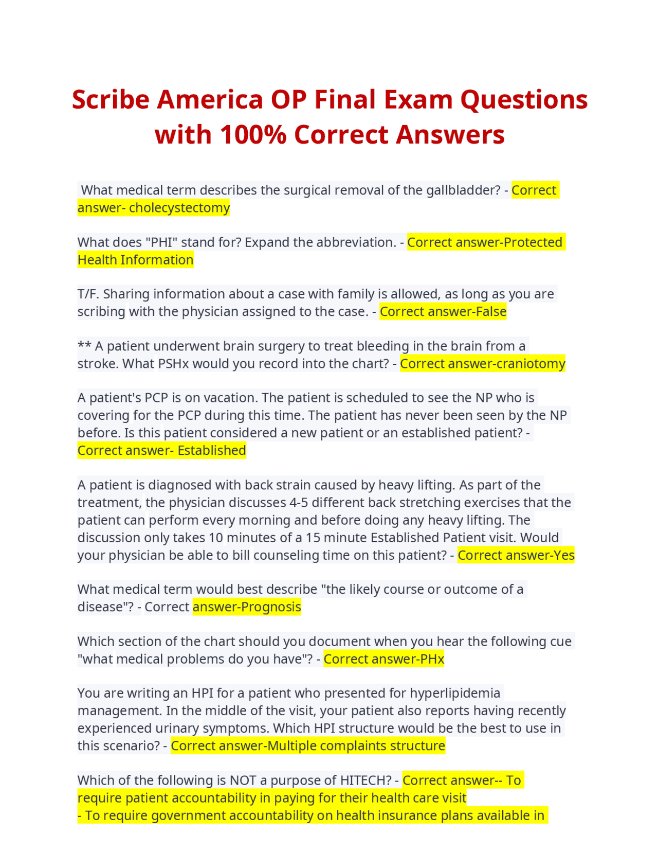 Scribe America OP Final Exam Questions with 100% Correct Answers ...