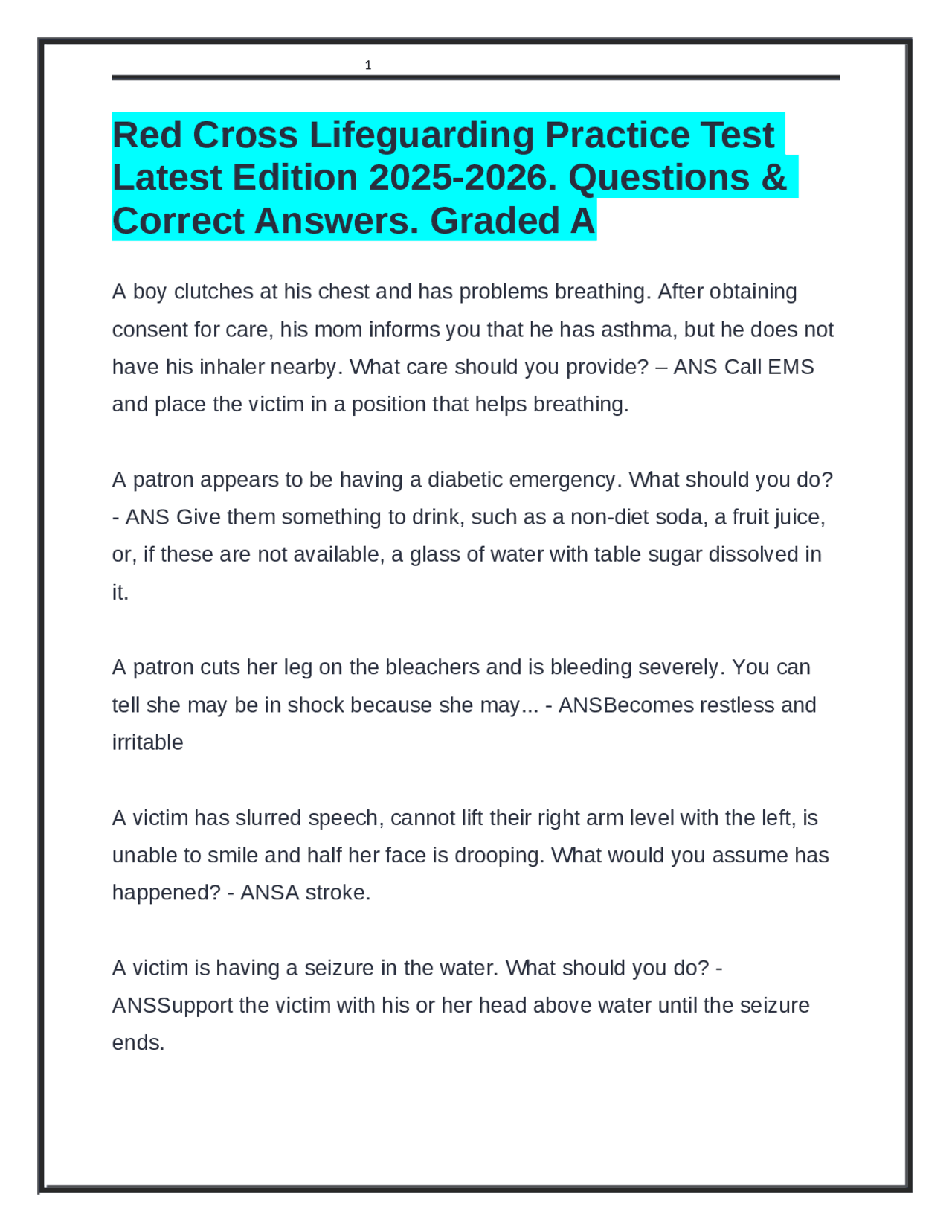 Red Cross Lifeguarding Practice Test Latest Edition 2025-2026 ...