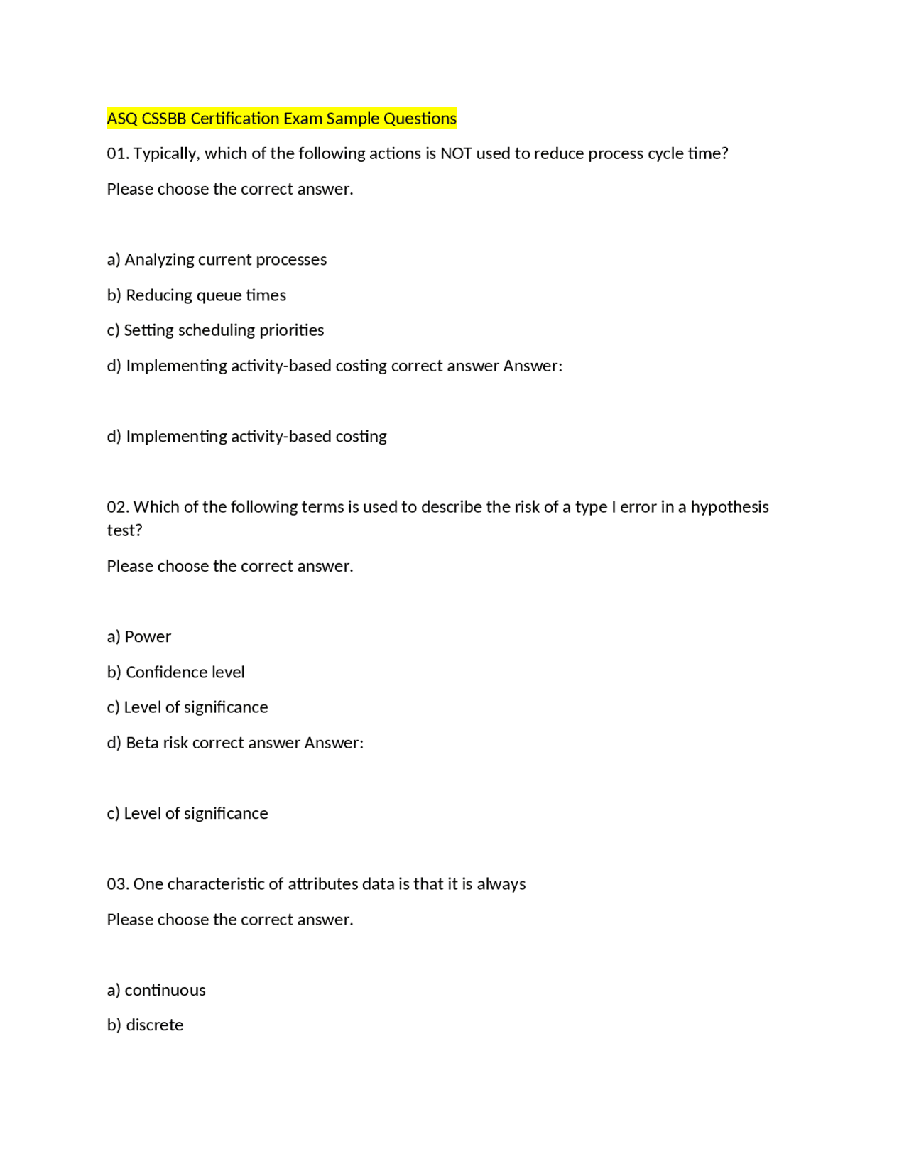 ASQ CSSBB Certification Exam Sample Questions | Exams Business ...
