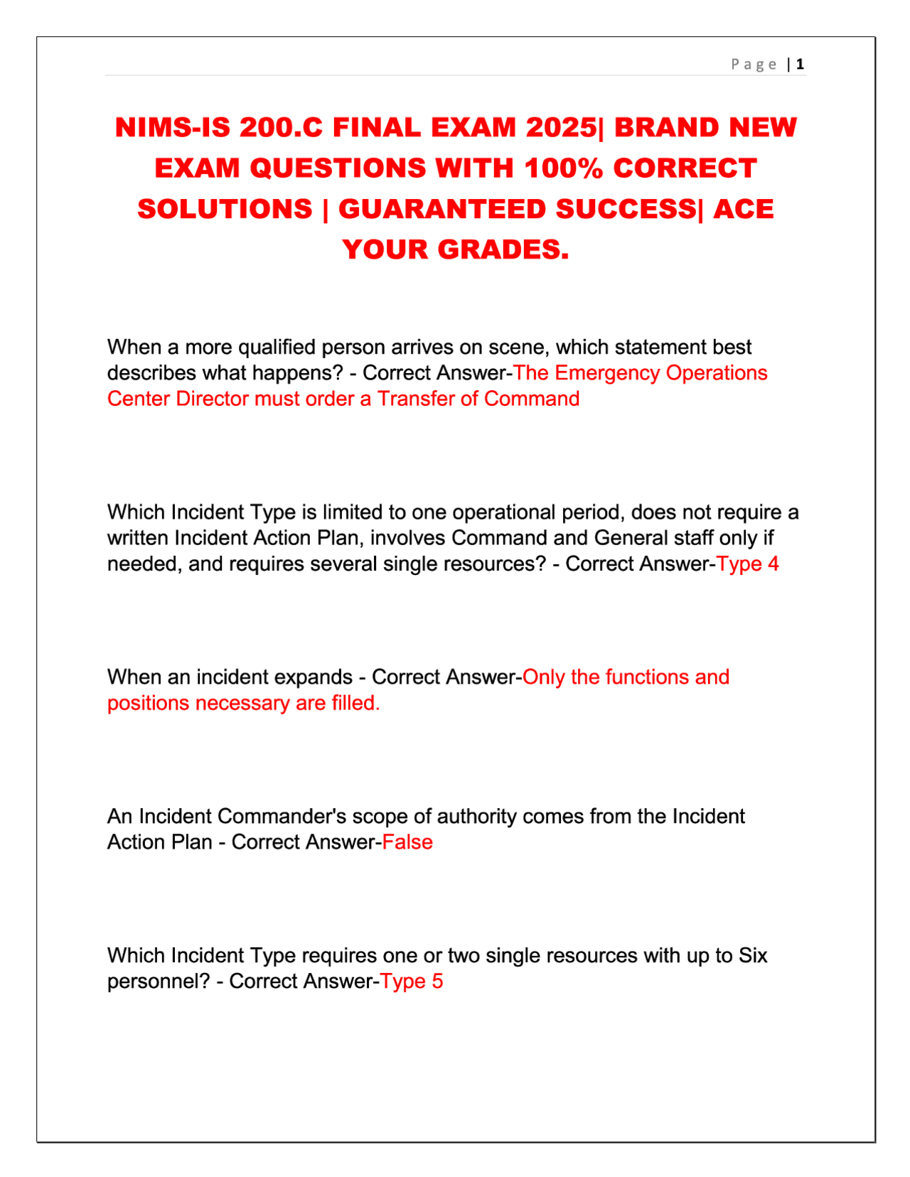 NIMS-IS 200.c Final Exam Questions with correct Answers 2025/2026( A+ ...