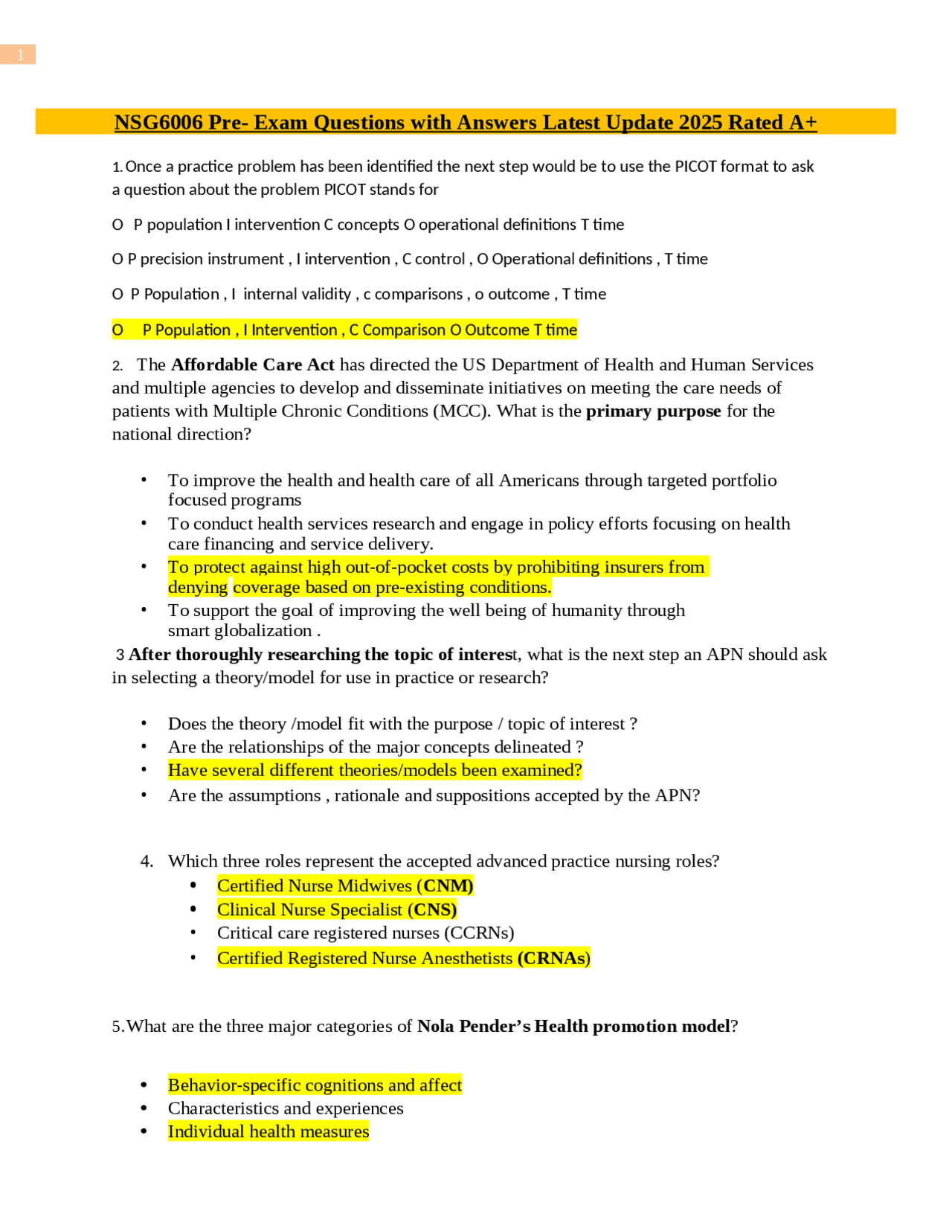 NSG6006 Pre- Exam Questions with Answers Latest Update 2025 Rated A+ ...