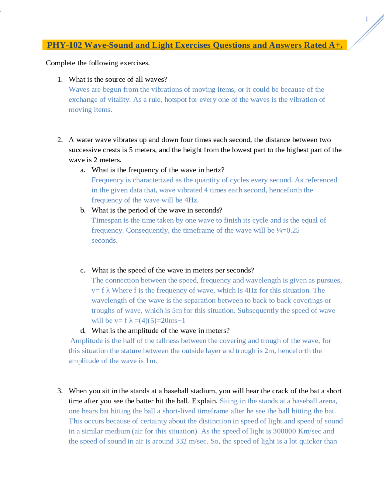 PHY-102 Wave-Sound and Light Exercises Questions and Answers Rated A+ ...