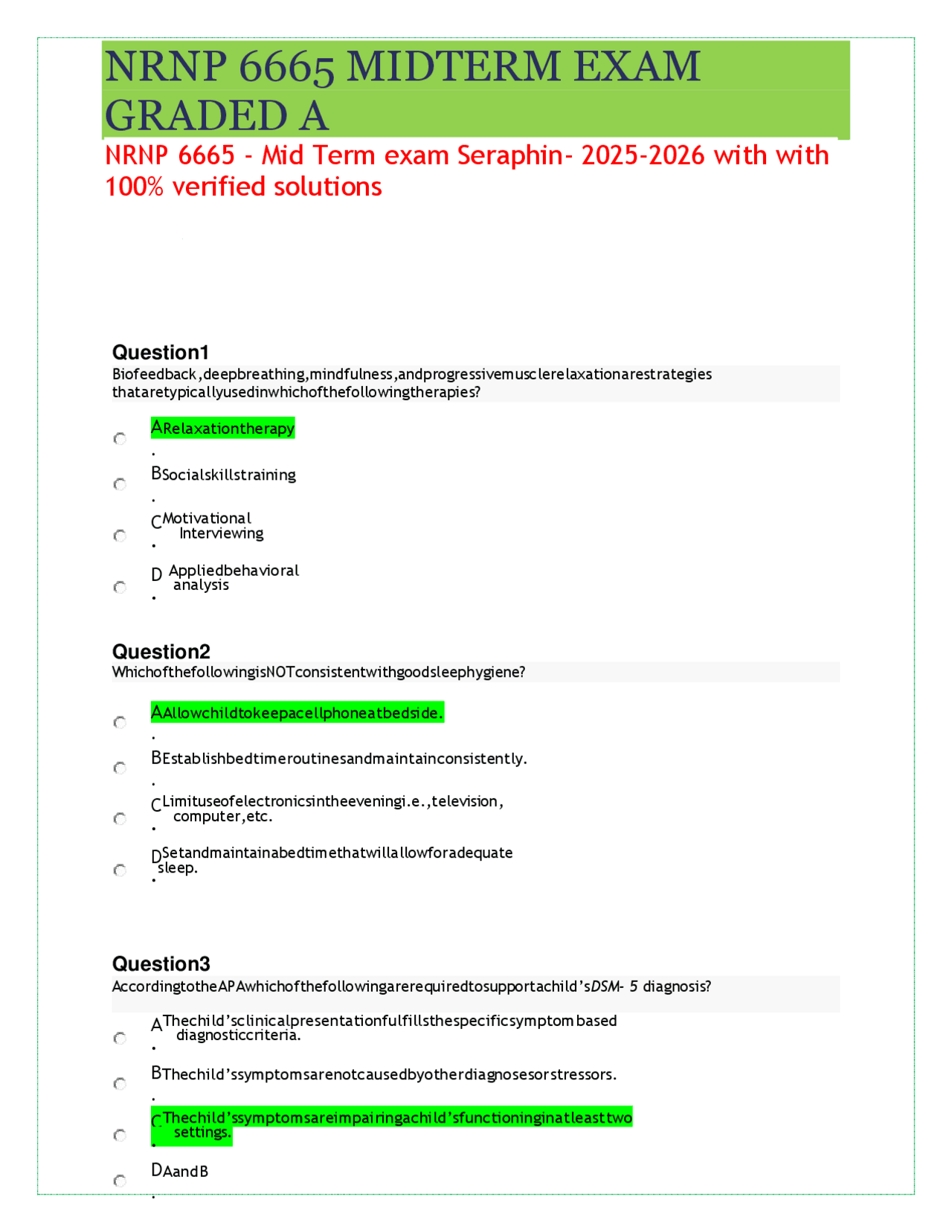 NRNP 6665 Midterm Exam: Psychiatric Mental Health Nursing Review ...