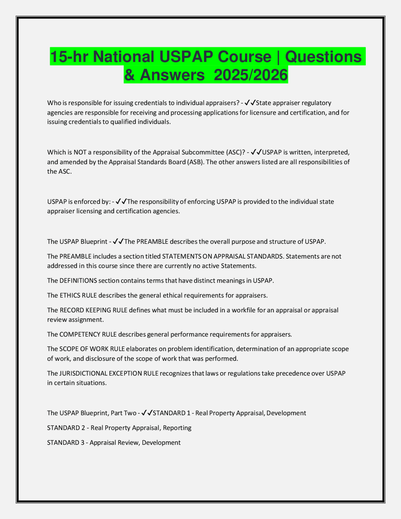 15-hr National USPAP Course | Questions & Answers 2025/2026 | Exams ...