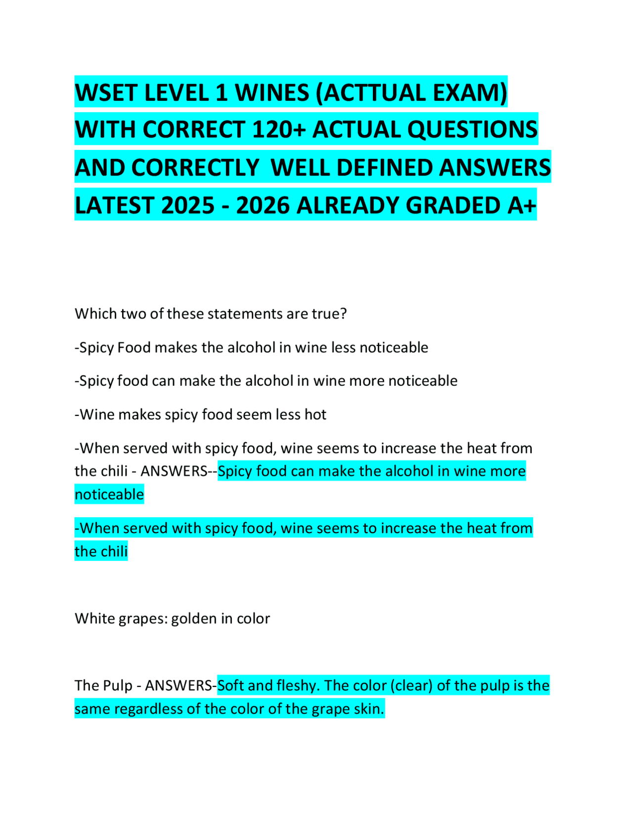 WSET LEVEL 1 WINES (ACTTUAL EXAM) WITH CORRECT 120+ ACTUAL QUESTIONS ...