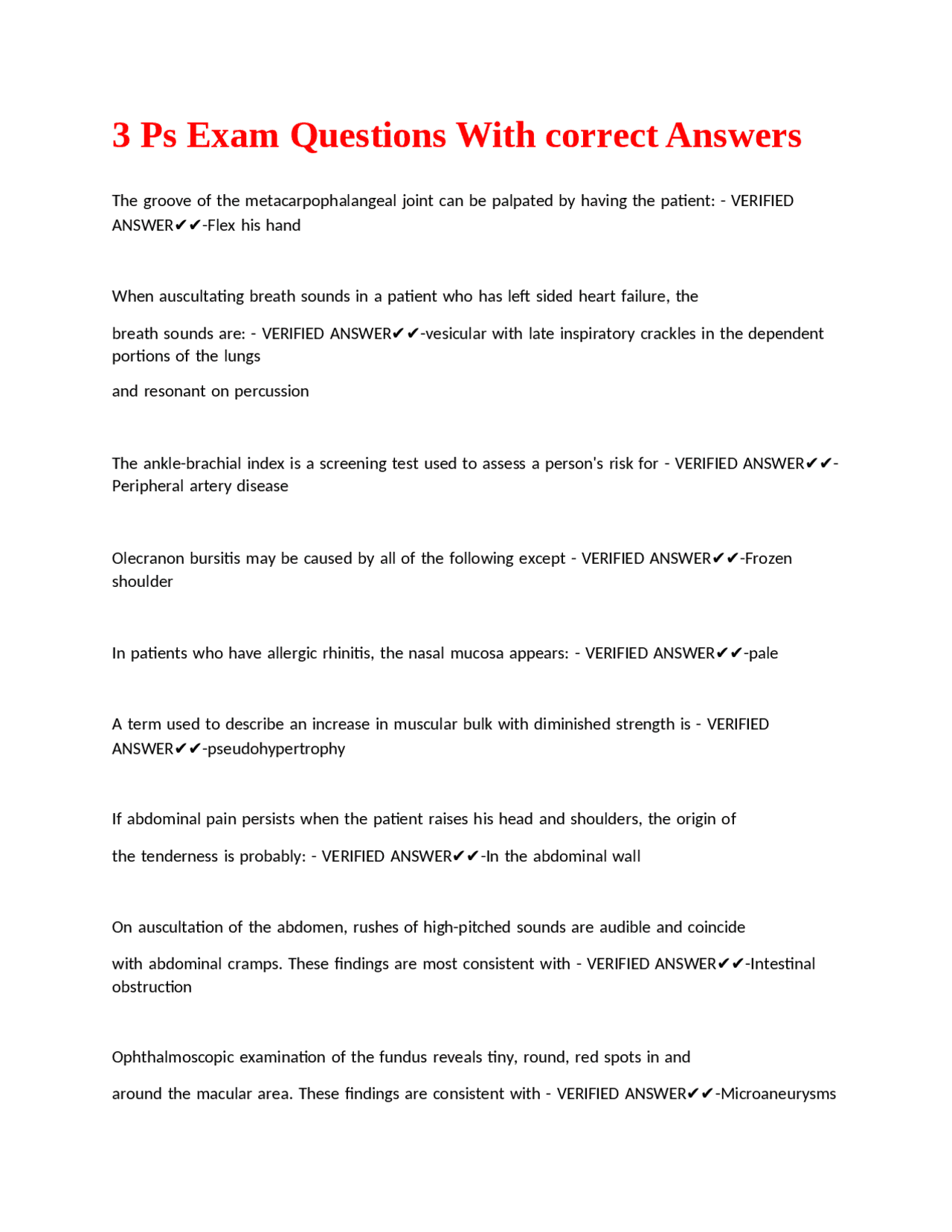 3 Ps Exam Questions With correct Answers | Exams Clinical Medicine ...