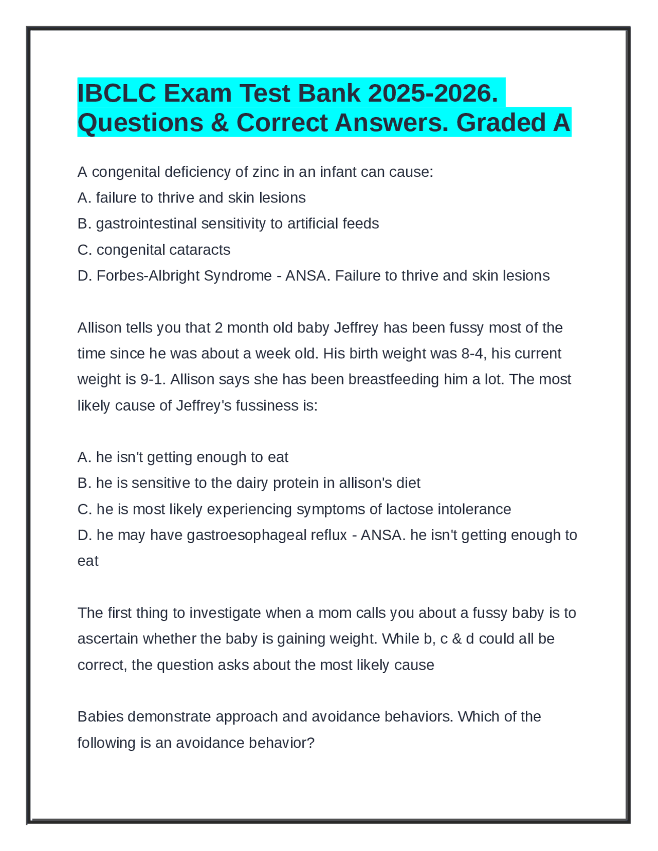 IBCLC Exam Test Bank 2025-2026. Questions & Correct Answers. Graded A ...