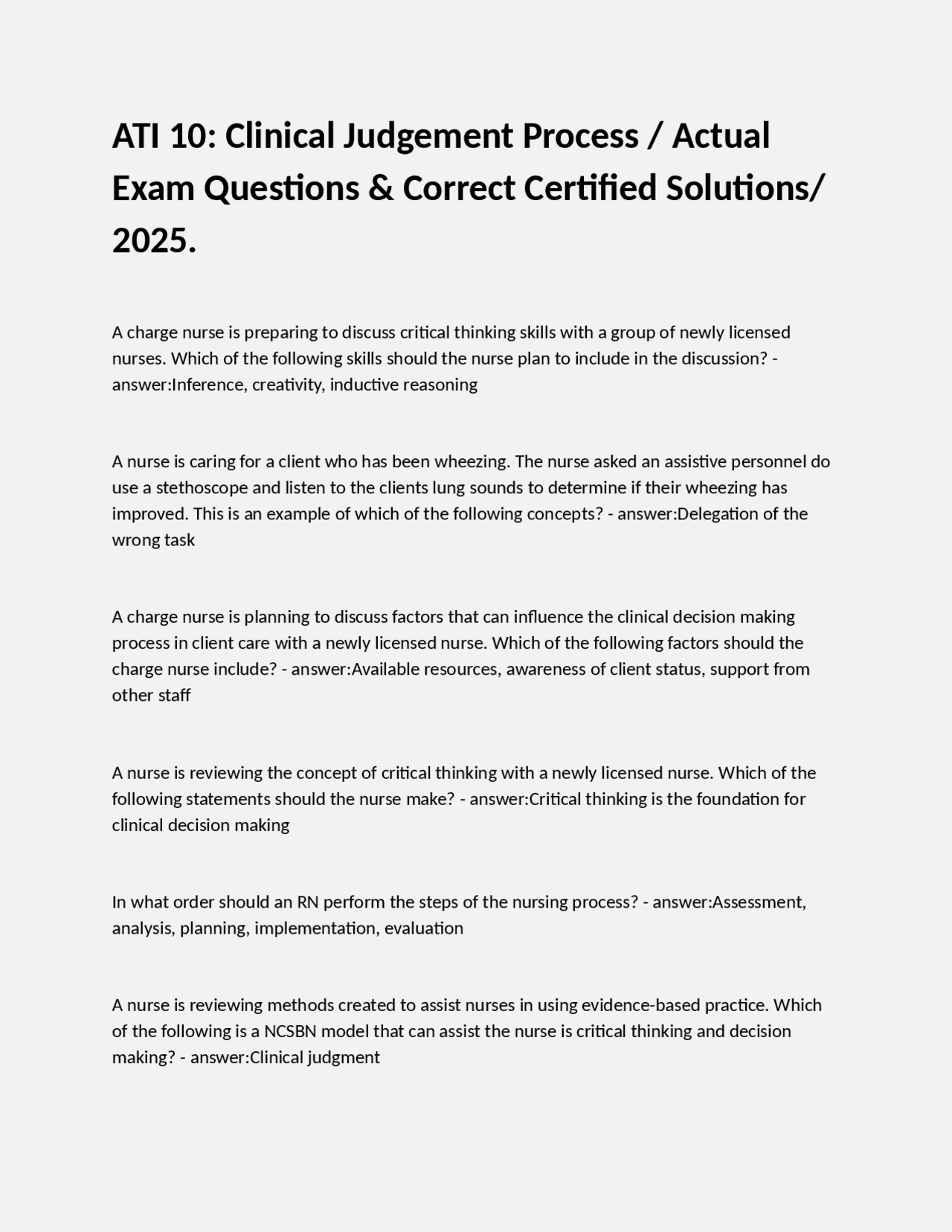 ATI 10: Clinical Judgement Process / Actual Exam Questions & Correct ...