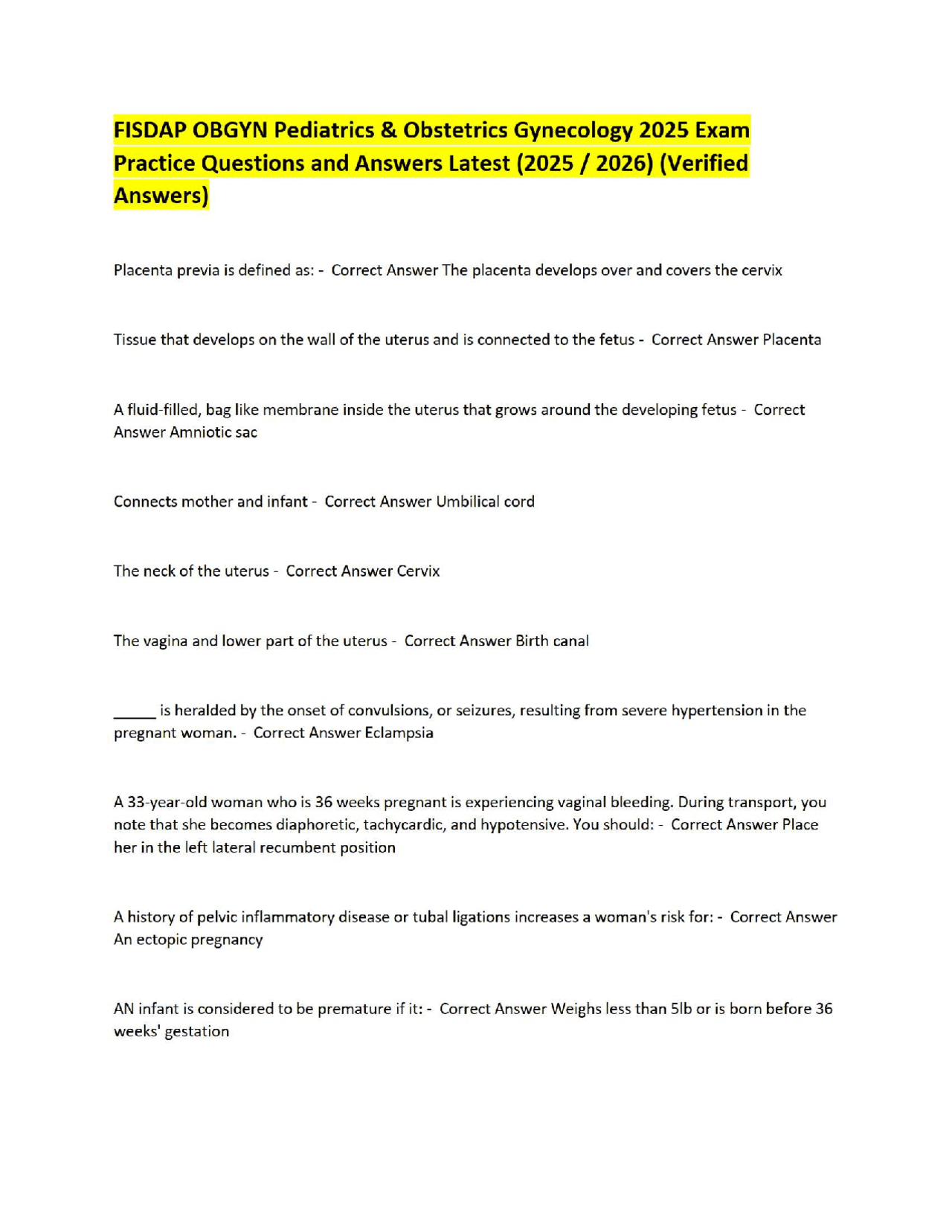 FISDAP OBGYN Pediatrics & Obstetrics Gynecology 2025 Exam Practice Questions and Answers L ...