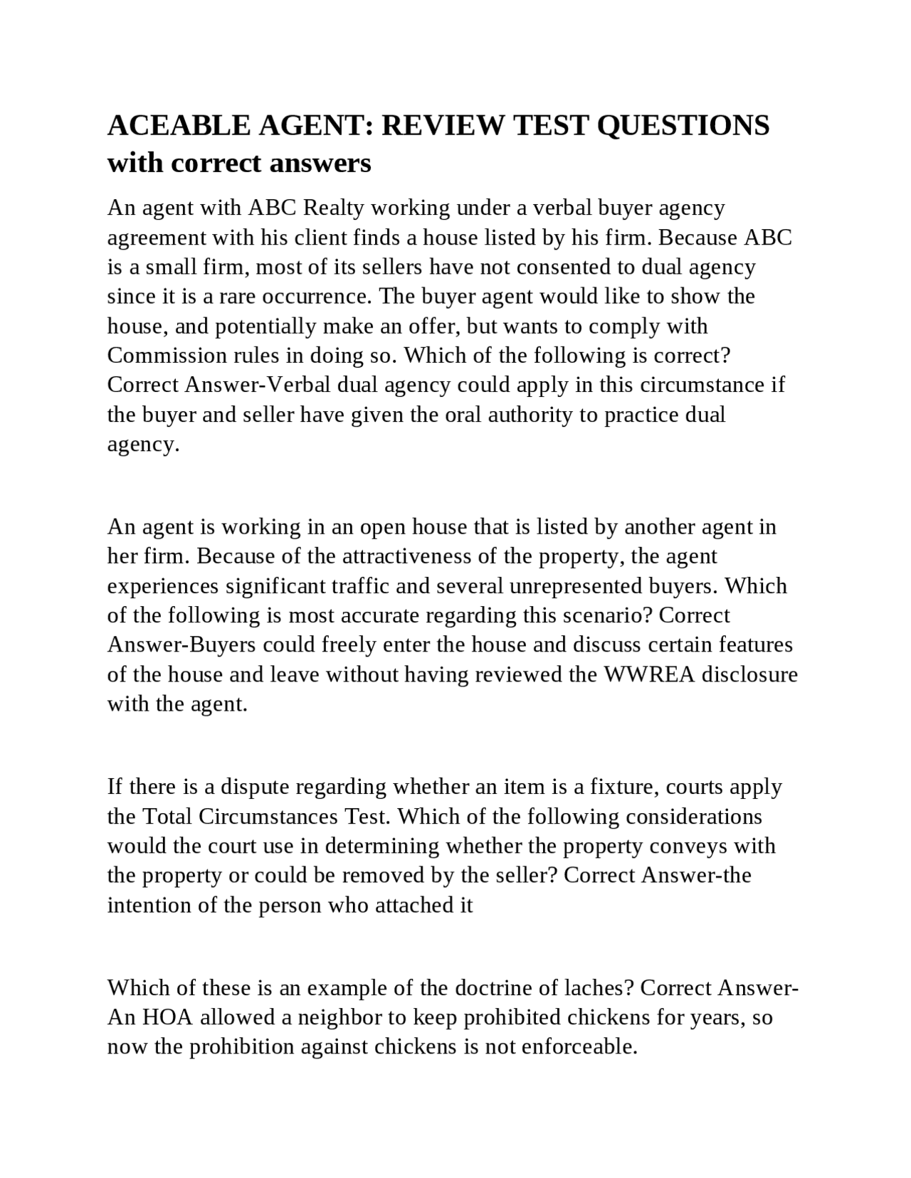 ACEABLE AGENT: REVIEW TEST QUESTIONS with correct answers | Exams Real ...