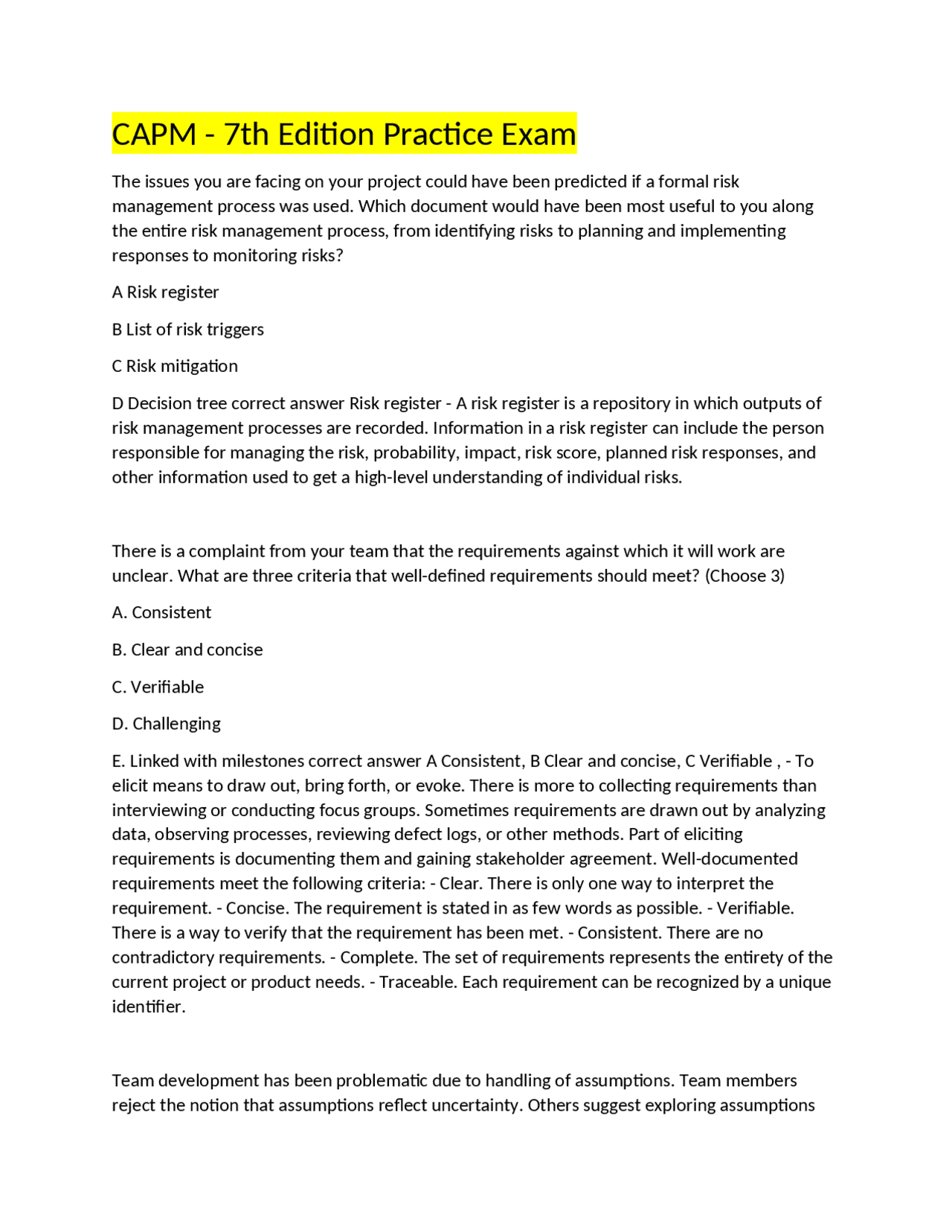 CAPM - 7th Edition Practice Exam | Exams Business networking | Docsity