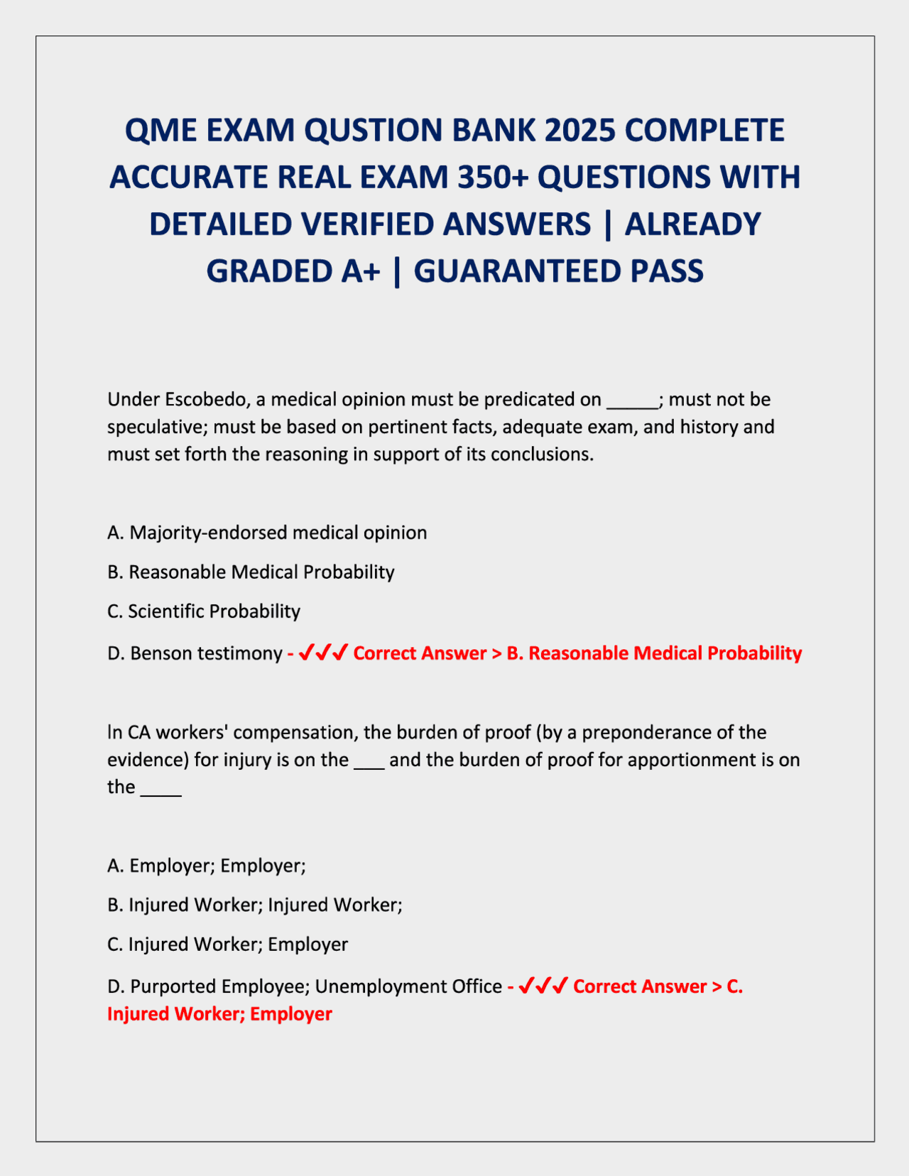 QME EXAM – QUALIFIED MEDICAL EVALUATOR QUESTION BANK 2025 COMPLETE QME ...
