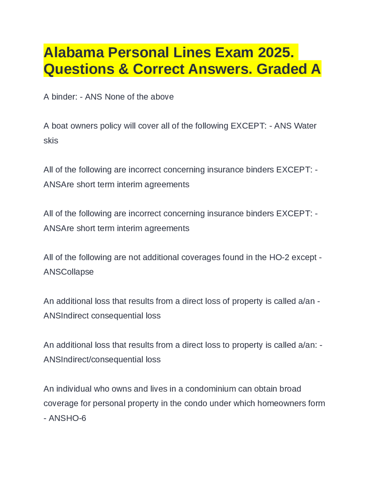 Alabama Personal Lines Exam 2025. Questions & Correct Answers. Graded A ...