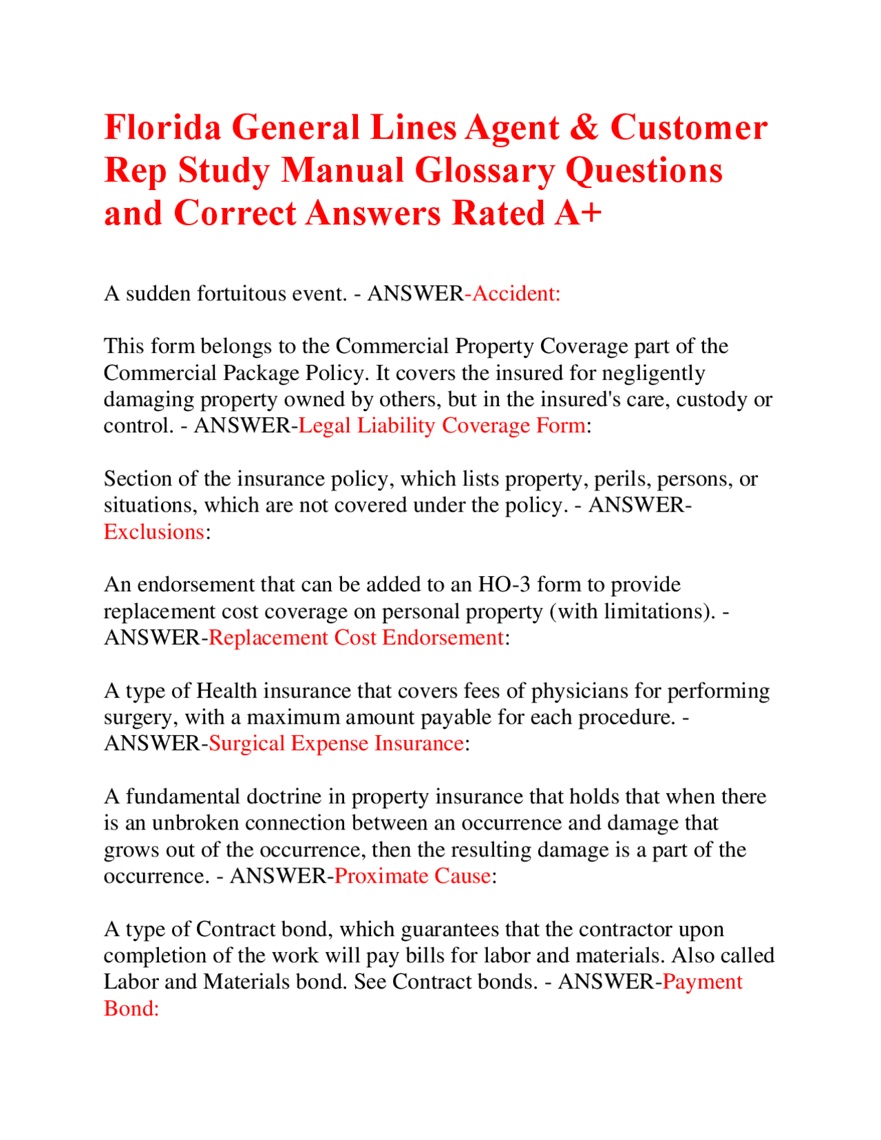 Florida Insurance Agent Exam Prep: Glossary & Q&A | Exams Nursing | Docsity