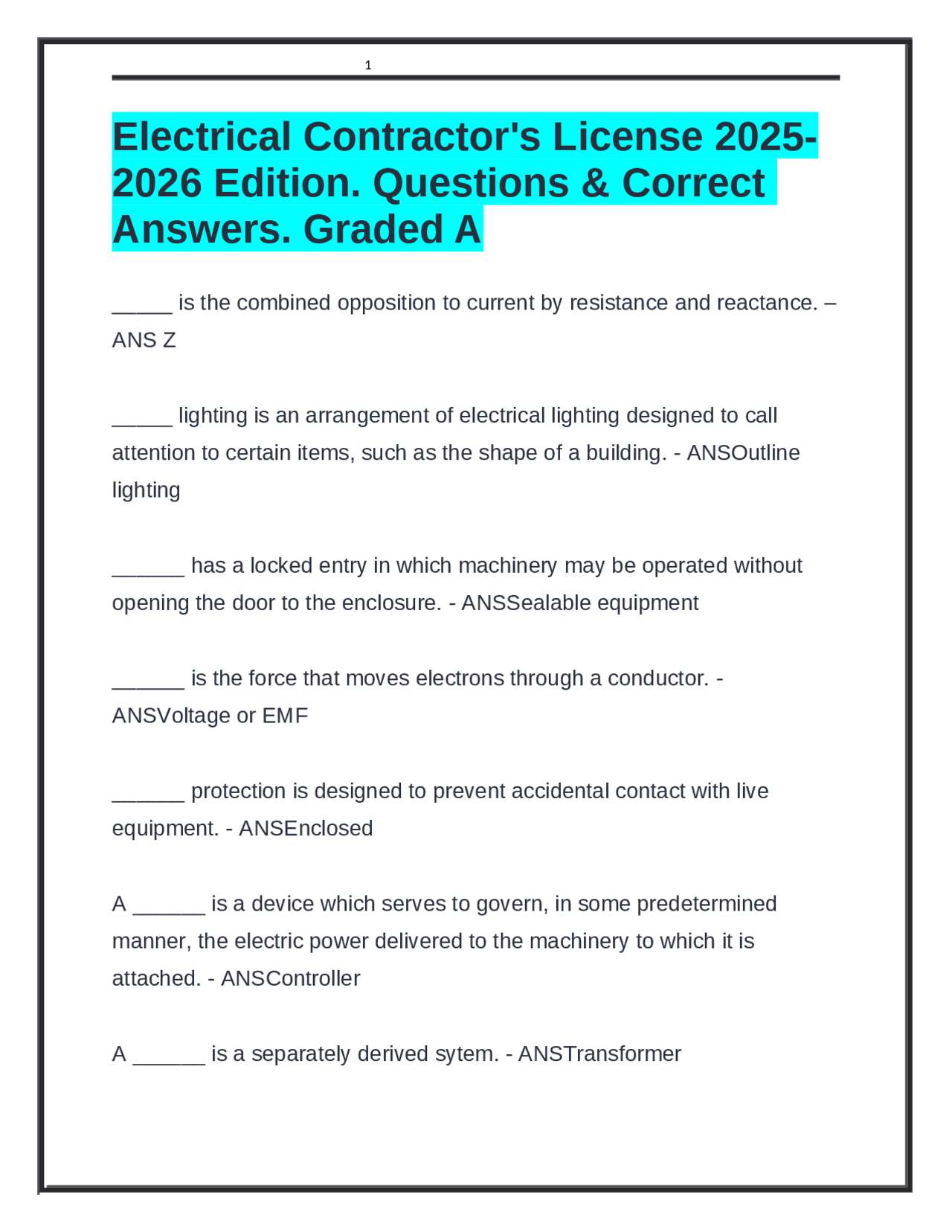 Electrical Contractor's License 2025-2026 Edition. Questions & Correct Answers. Graded A | Exams ...