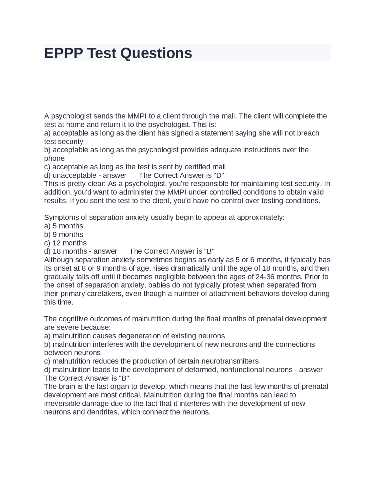 EPPP Test Questions with Correct Answers | Exams Advanced Education ...