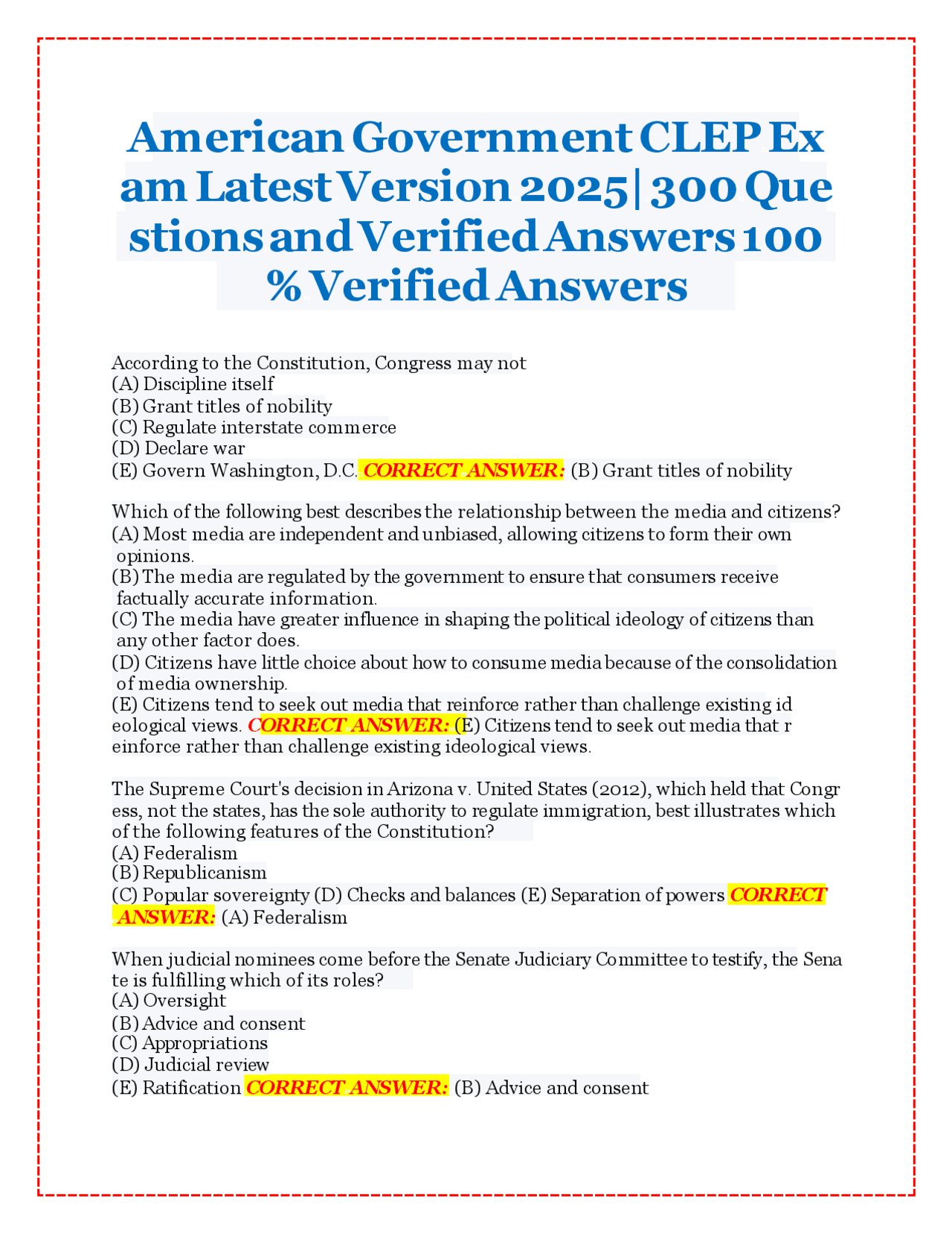 CLEP AMERICAN GOVERNMENT ULTIMATE EXAM NEWEST ACTUAL EXAM COMPLETE ALL ...