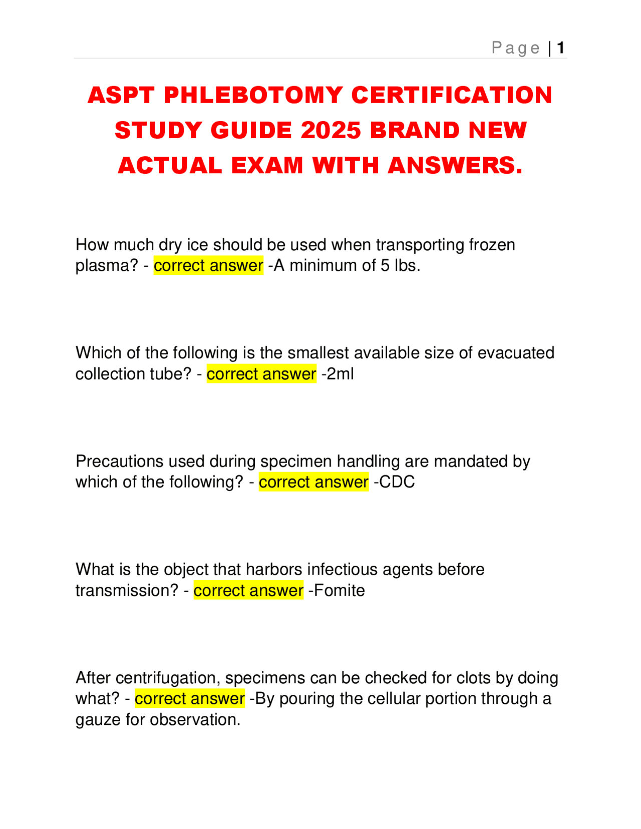 Phlebotomy Certification Exam Study Guide 2025 | Exams Nursing | Docsity