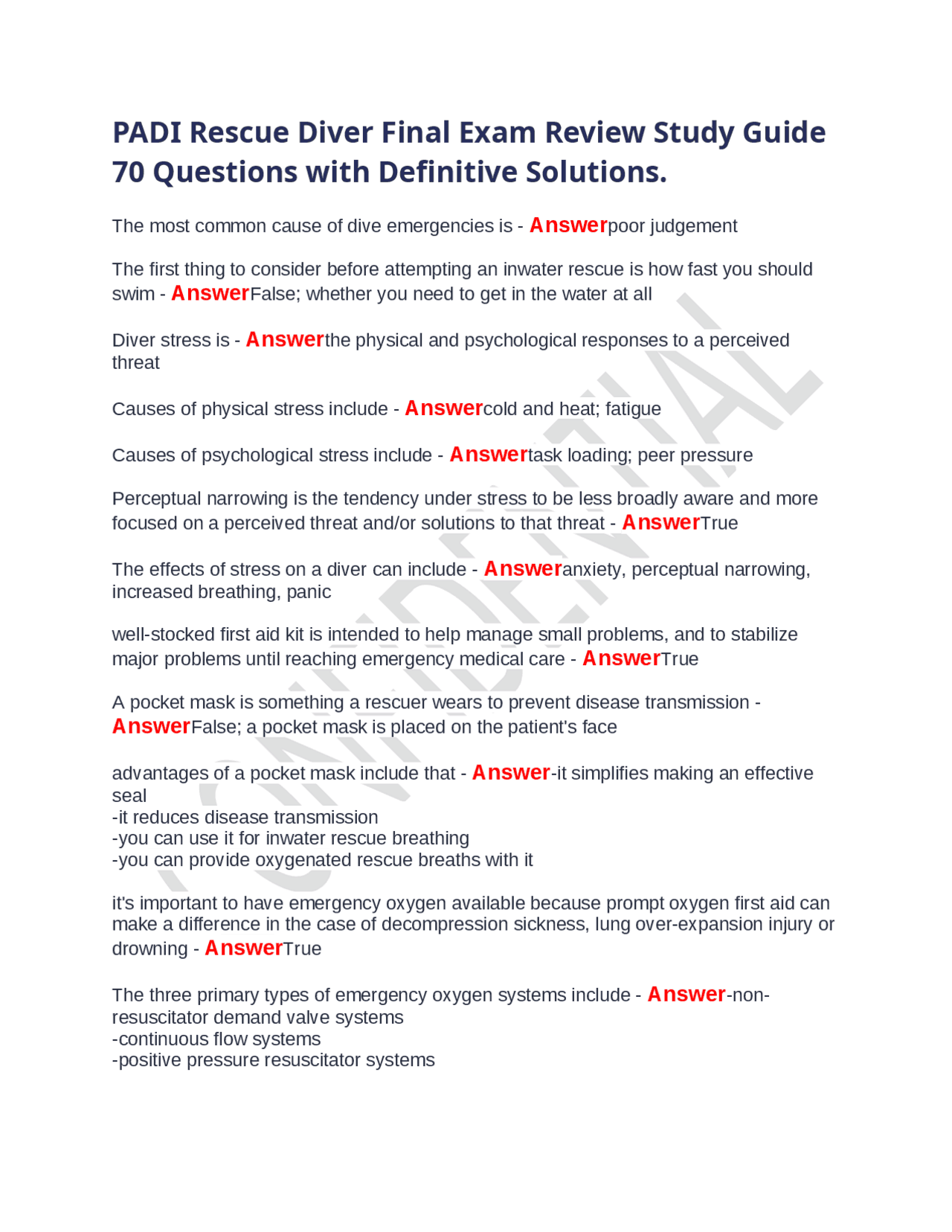 PADI Rescue Diver Final Exam Review Study Guide 70 Questions with ...