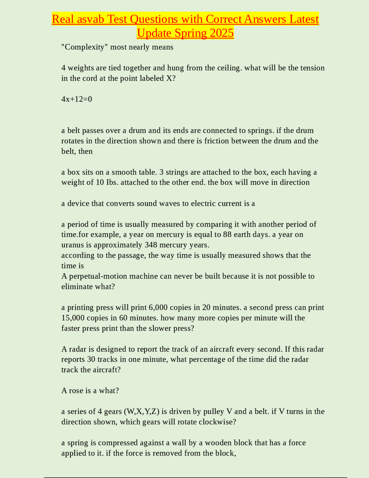 ASVAB Practice Test Questions with Answers 2025 | Exams Nursing | Docsity