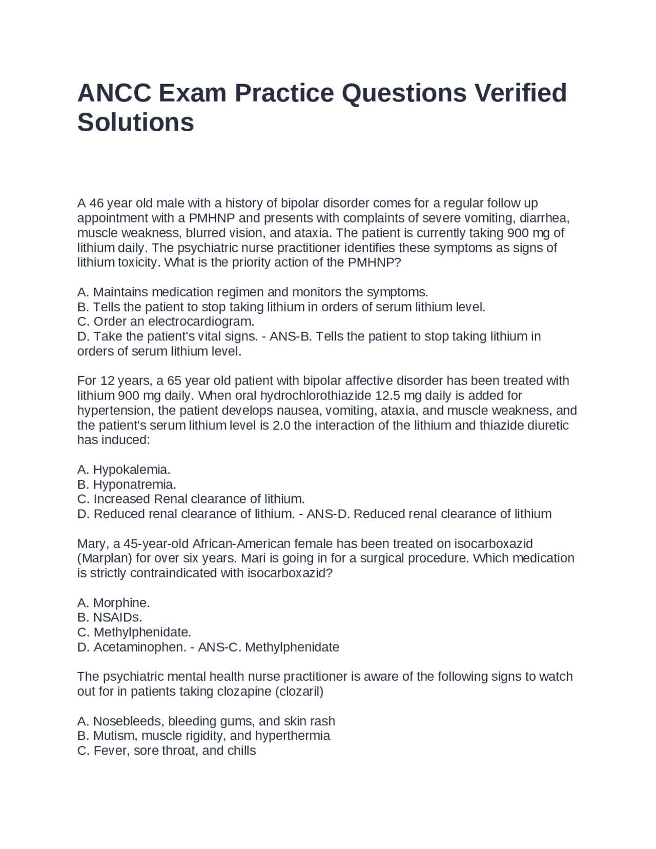 ANCC Exam Practice Questions Verified Solutions | Exams Advanced ...