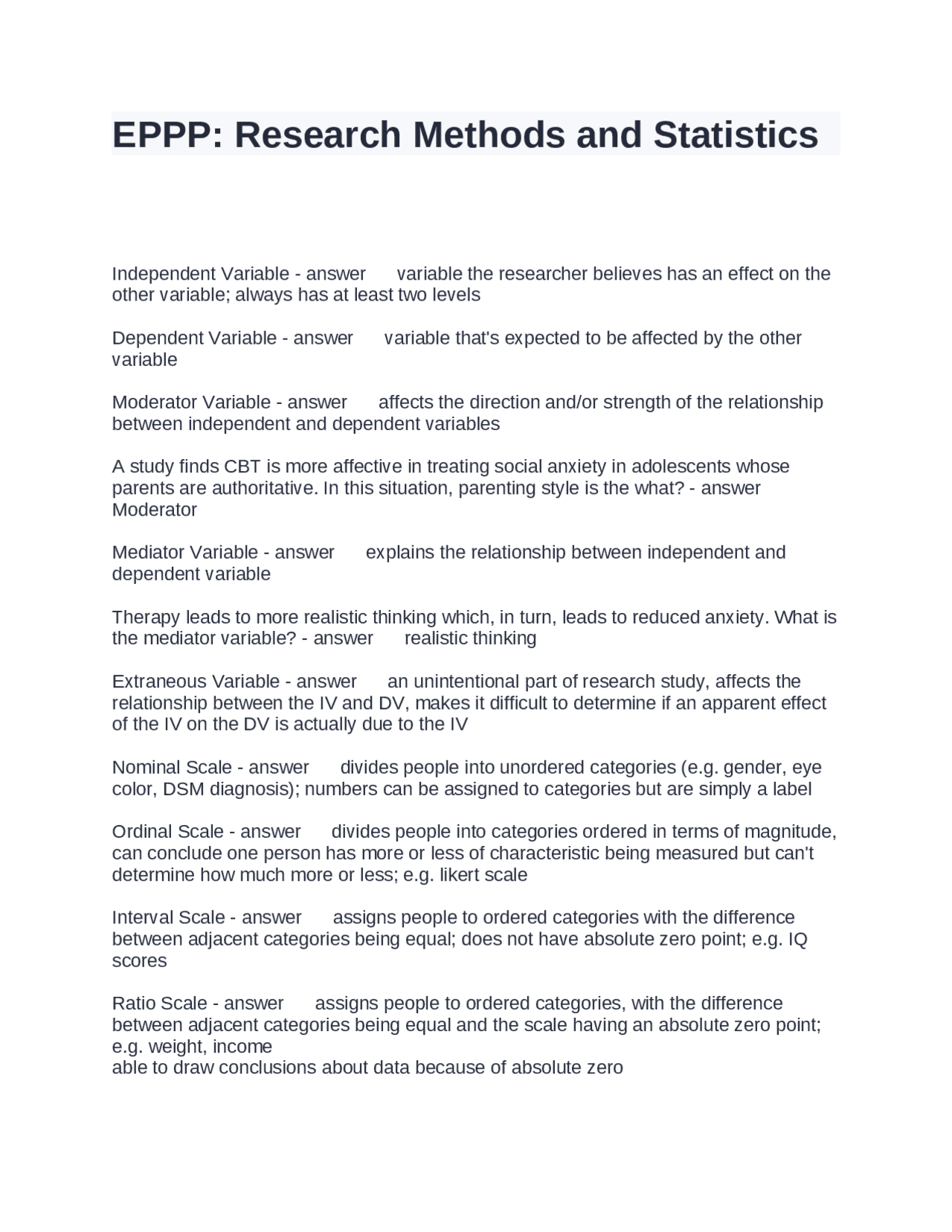 EPPP. Research Methods and Statistics Questions and Answers 100% Solved ...