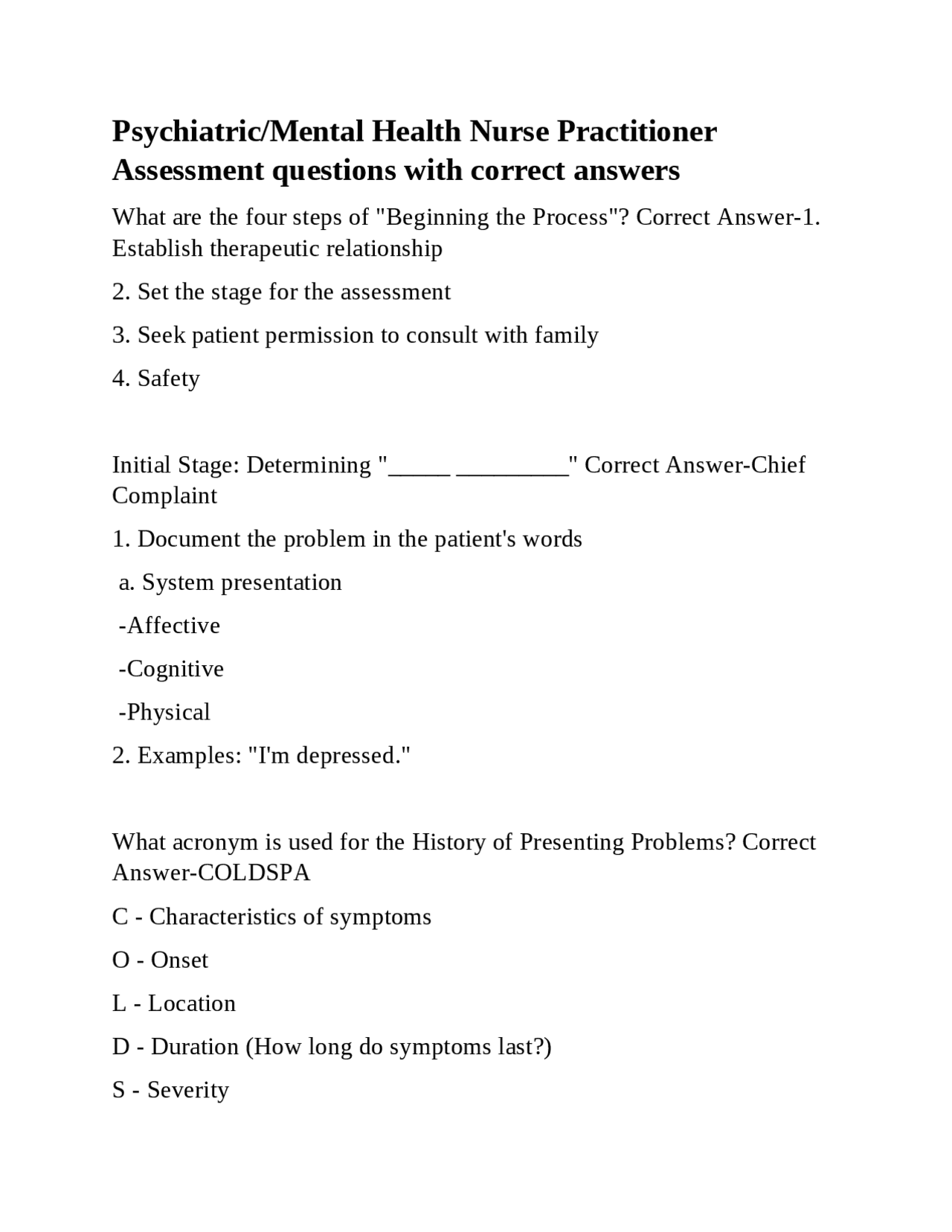 Psychiatric/Mental Health Nurse Practitioner Assessment questions with ...