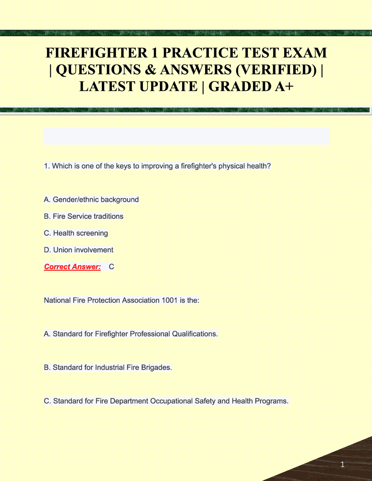 FIREFIGHTER 1 PRACTICE TEST QUESTIONS AND ANSWERS GRADED A+ LATEST ...