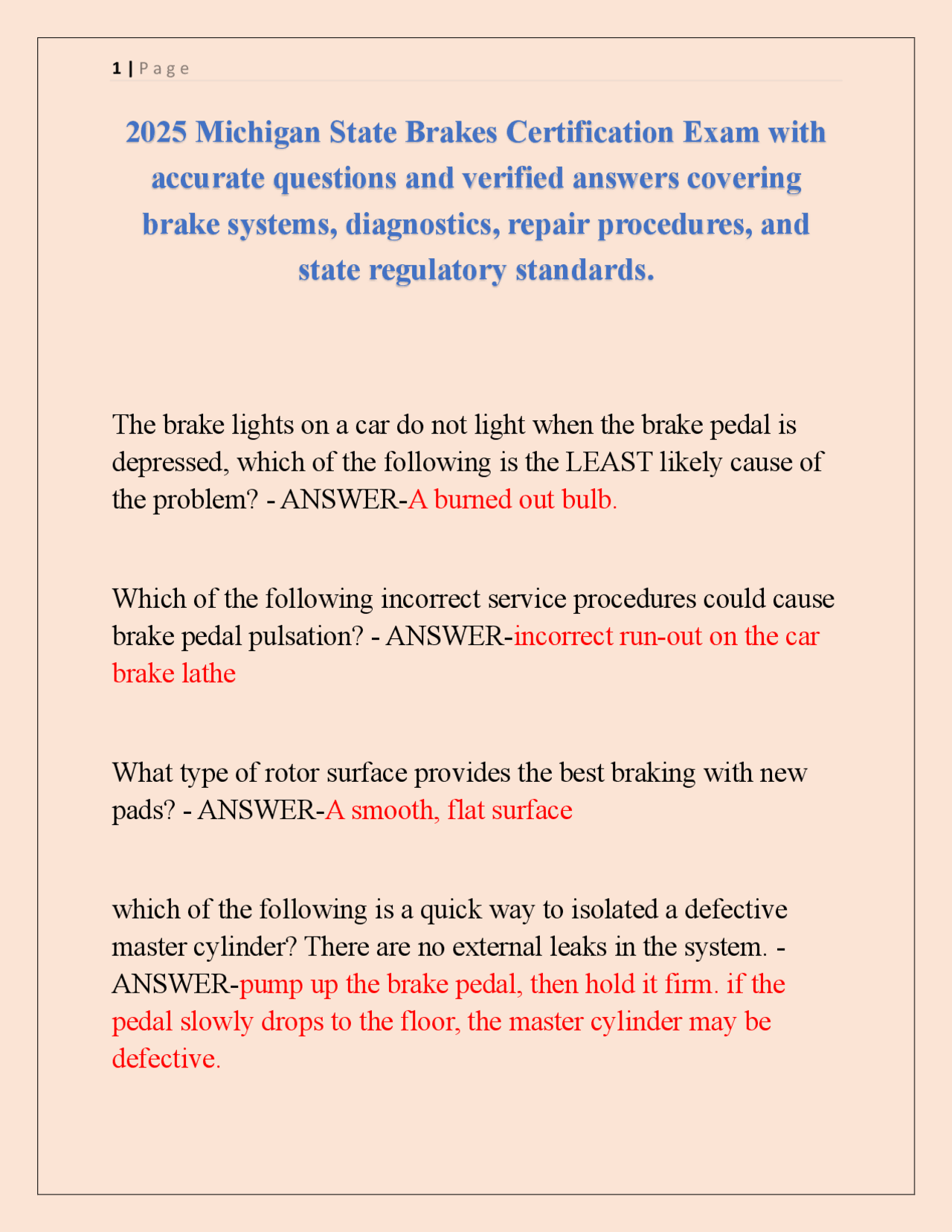 2025 Michigan State Brakes Certification Exam with accurate questions ...