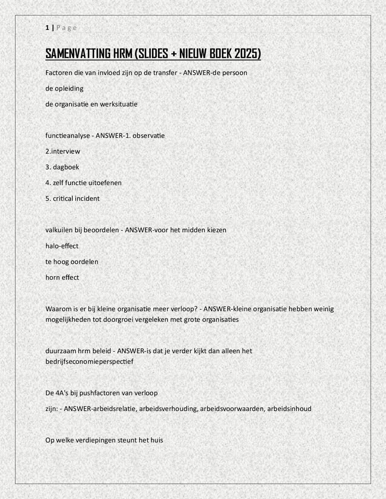 SAMENVATTING HRM (SLIDES + NIEUW BOEK 2025) | Exams Biology | Docsity