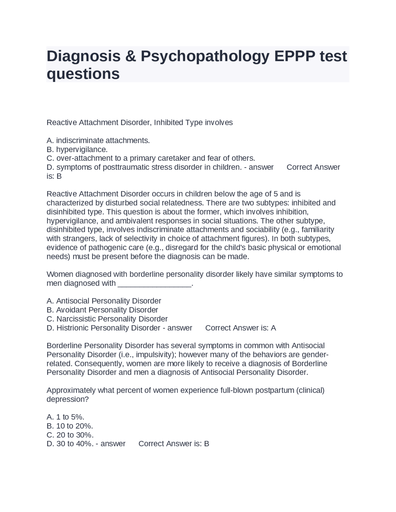 Diagnosis & Psychopathology EPPP test questions and answers 100% solved ...